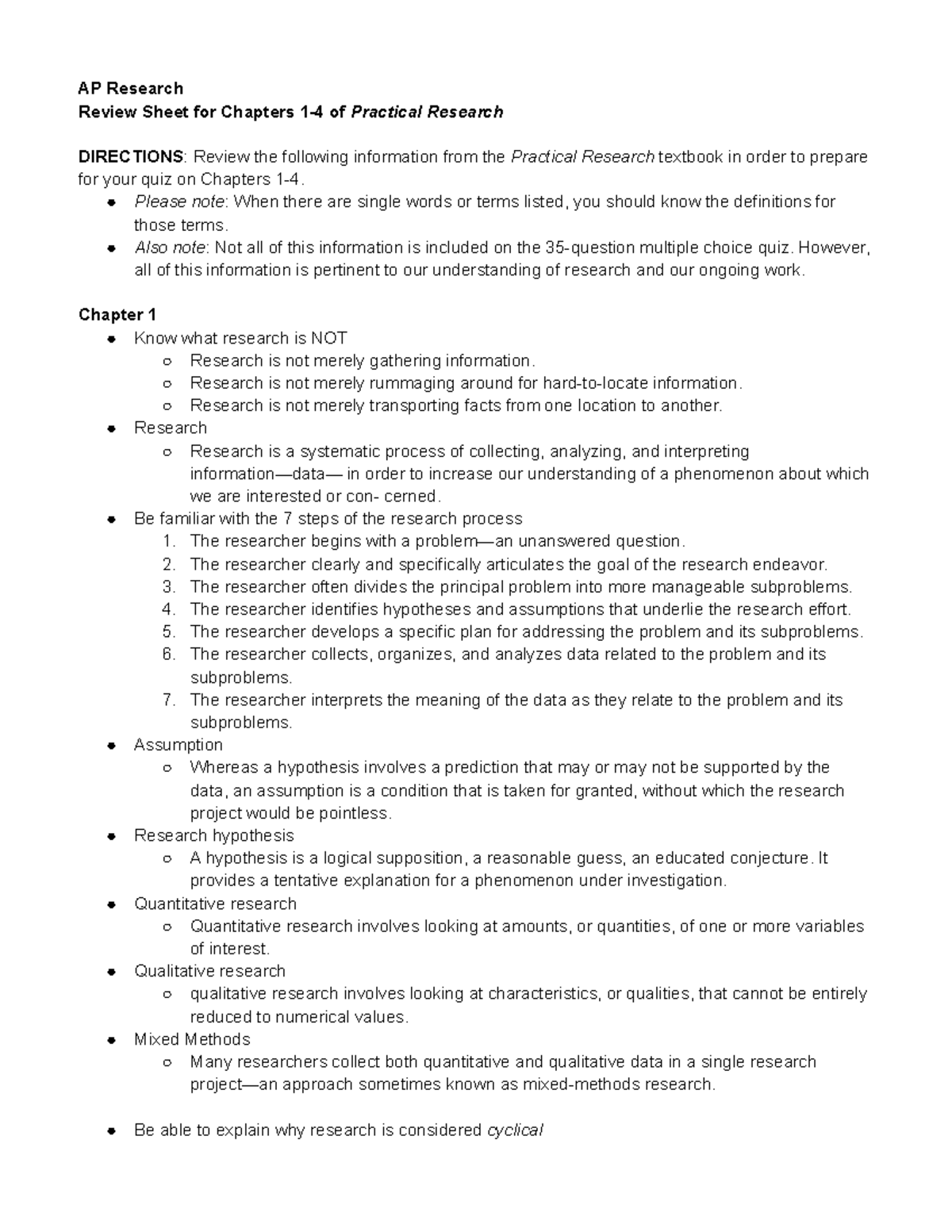 Review Sheet for Chapters 1-4 of Practical Research - AP Research ...