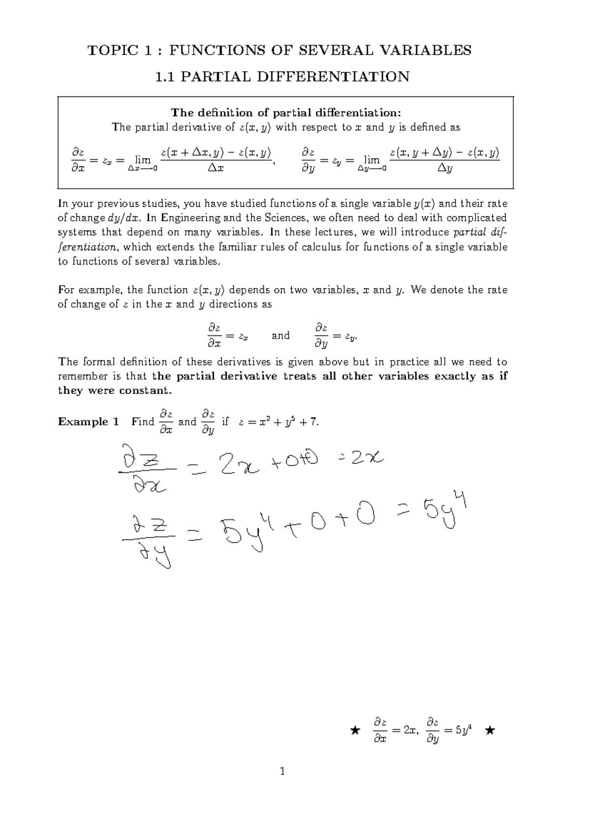 Partial Differentiation in Functions of Several Variables - TOPIC 1 : FUNCTIONS OF SEVERAL ...