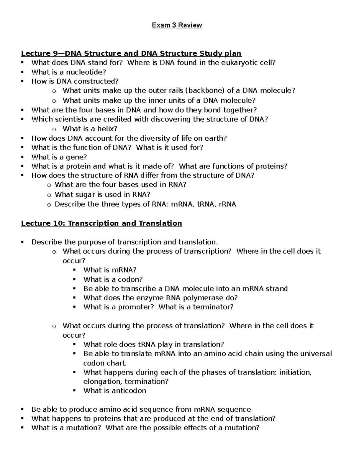 Exam 3 Review - Exam 3 Review Lecture 9—DNA Structure and DNA Structure ...