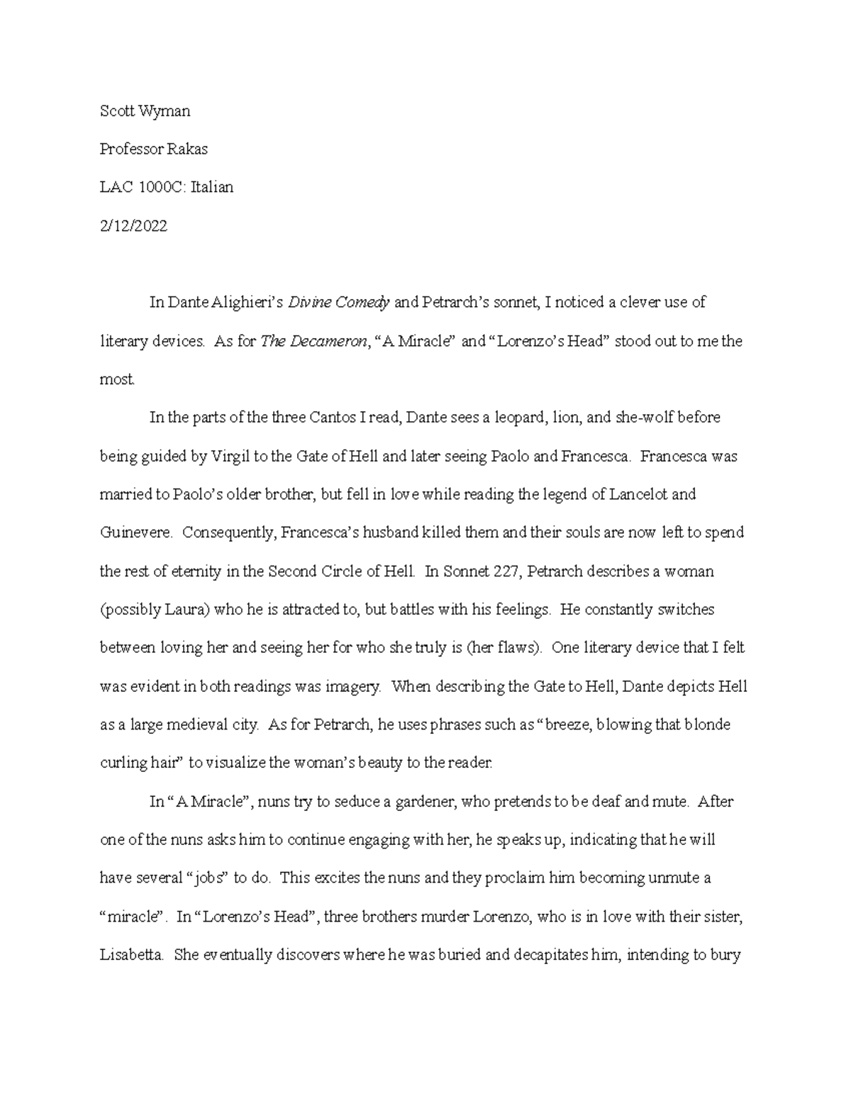 Dante, Petrarch, and Boccaccio - Scott Wyman Professor Rakas LAC 1000C ...