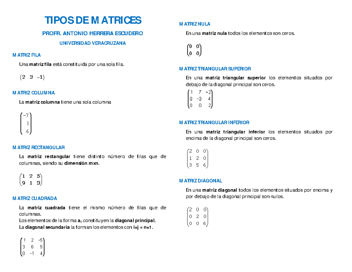 10a - TIPOS DE MATRICES: DIAGONAL - IDENTIDAD- TRIANGULAR SUPERIOR ...