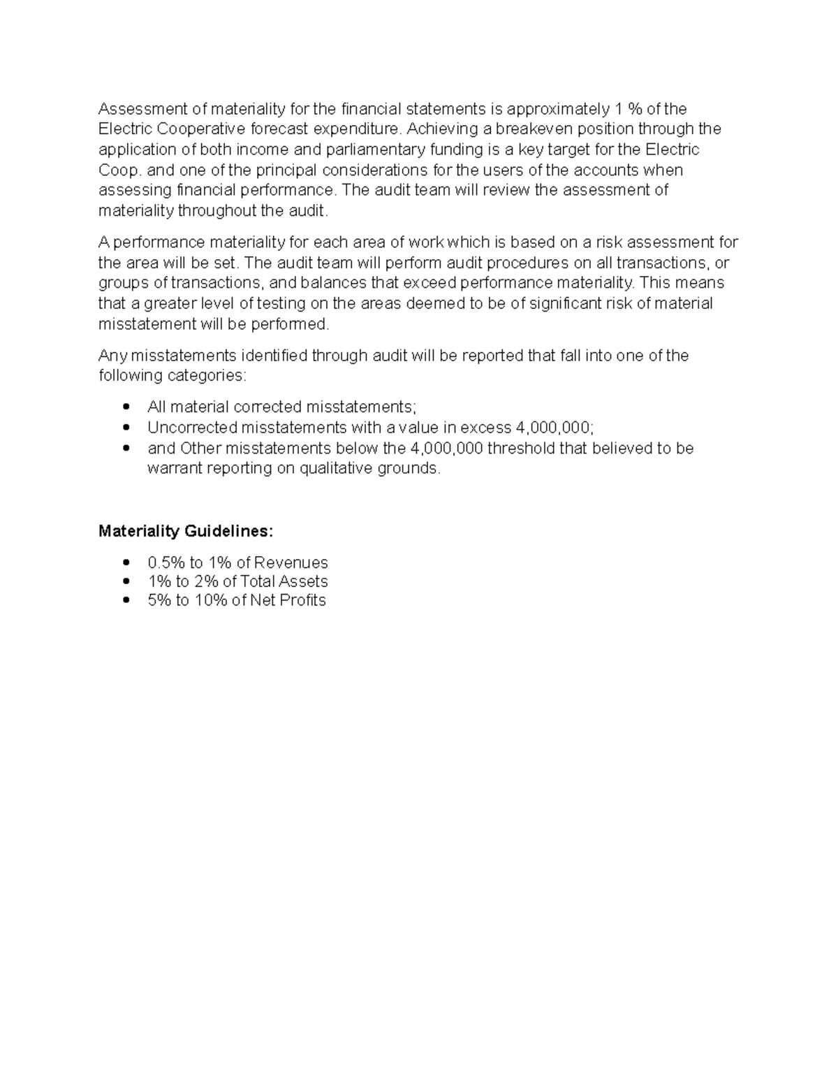 Assessment of materiality for the financial statements is approximately ...