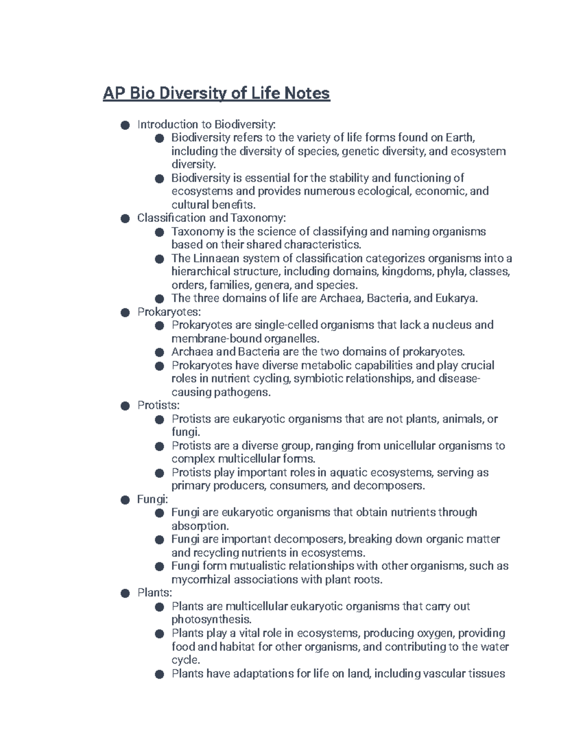 AP Bio Diversity of Life Notes - Biodiversity is essential for the ...