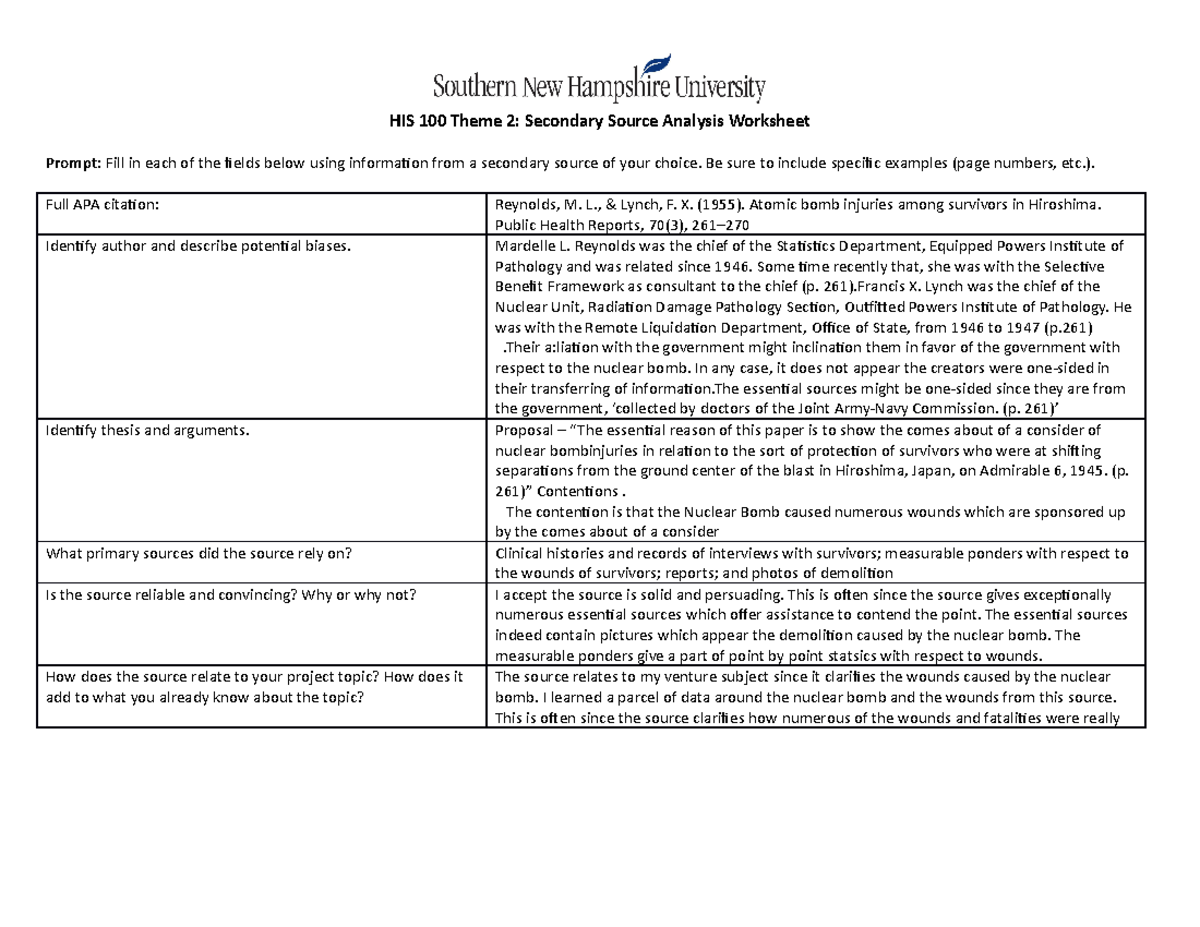 HIS 100 Secondary Source Analysis Worksheet - HIS 100 Theme 2 ...