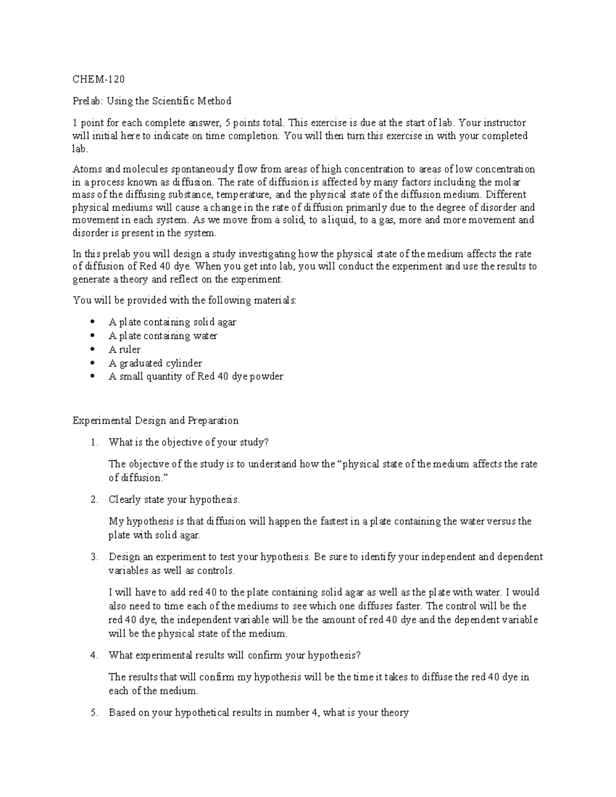 Week 1 Prelab - CHEM- Prelab: Using the Scientific Method 1 point for ...