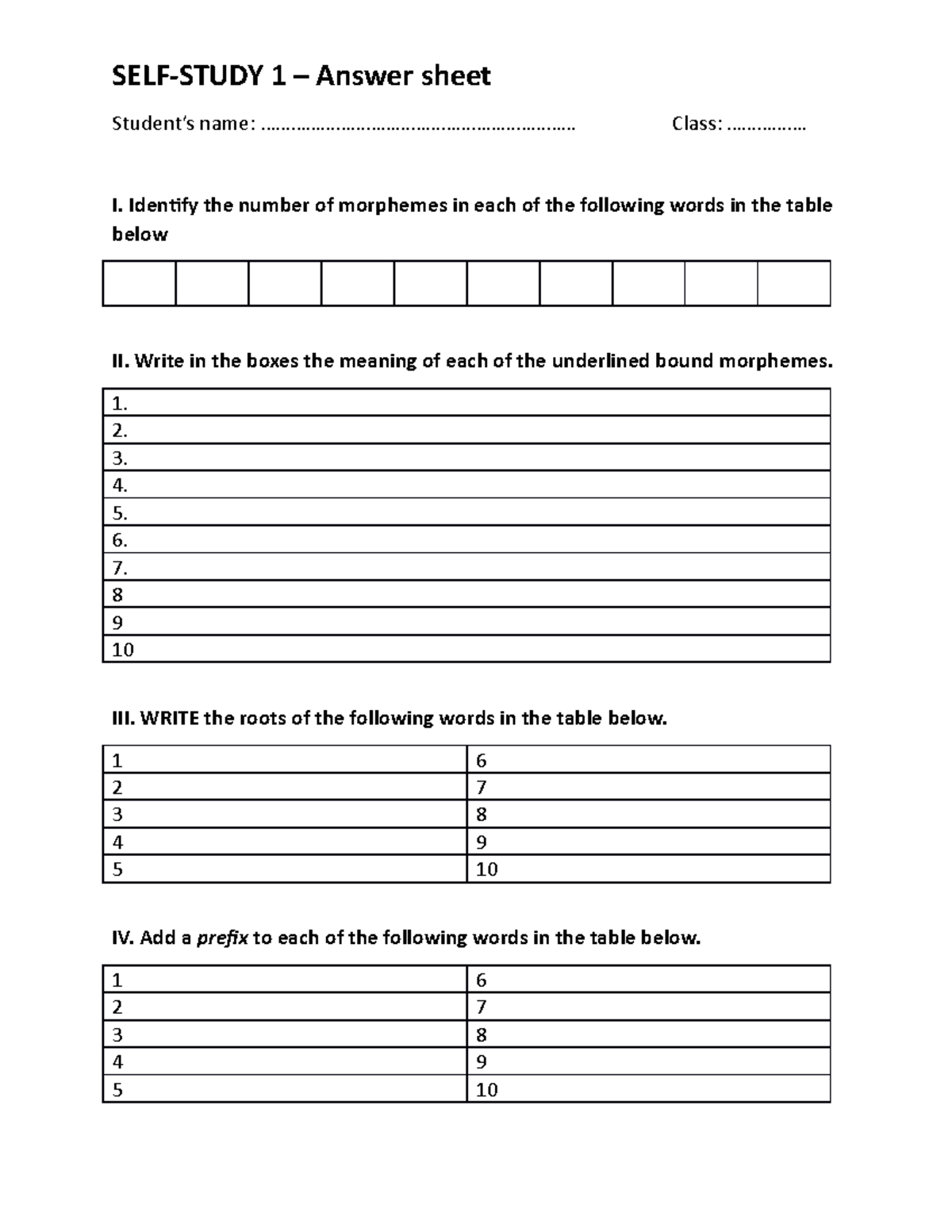Answer sheet - PPT1 - SELF-STUDY 1 – Answer sheet Student’s name: - Studocu