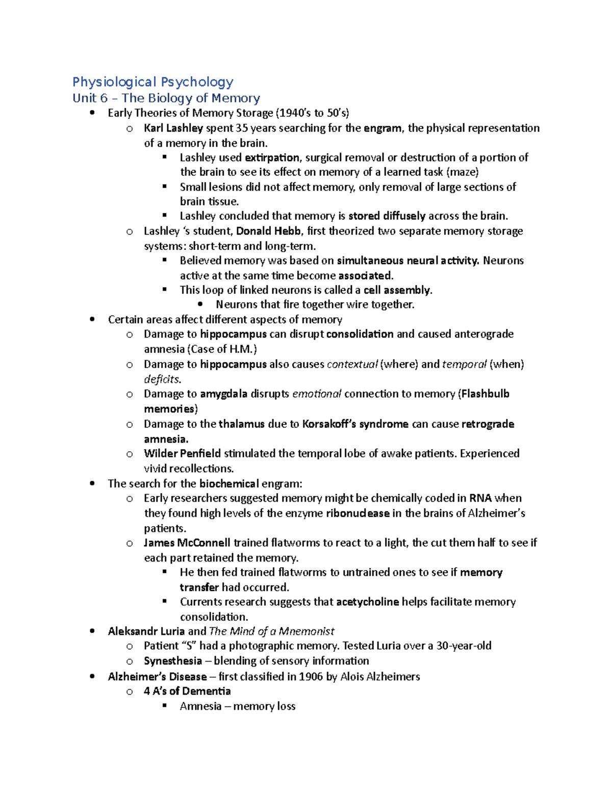 Unit 6 - Biology of Memory - Physiological Psychology Unit 6 – The ...