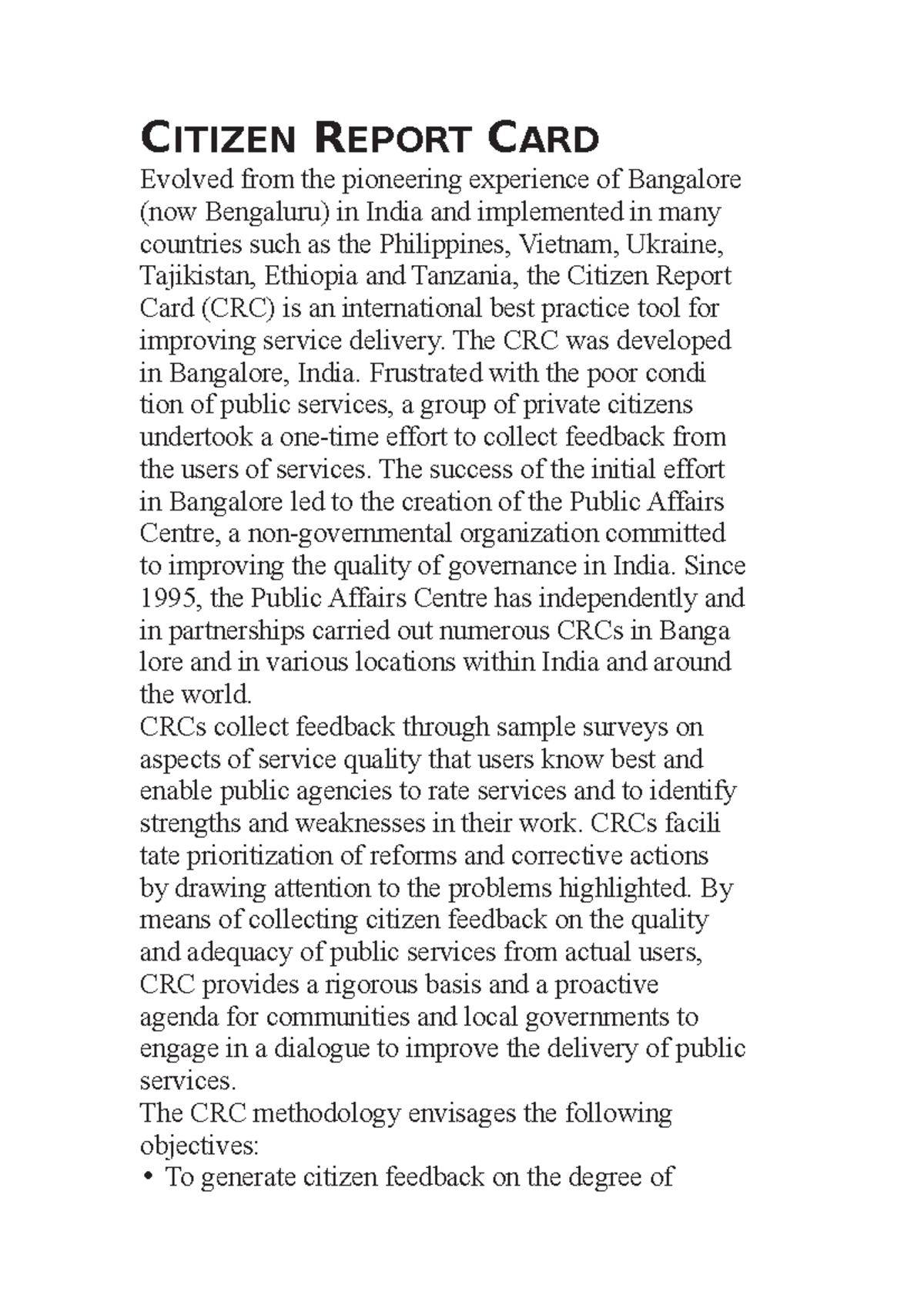 Citizen Report CARD - CITIZEN REPORT CARD Evolved from the pioneering ...