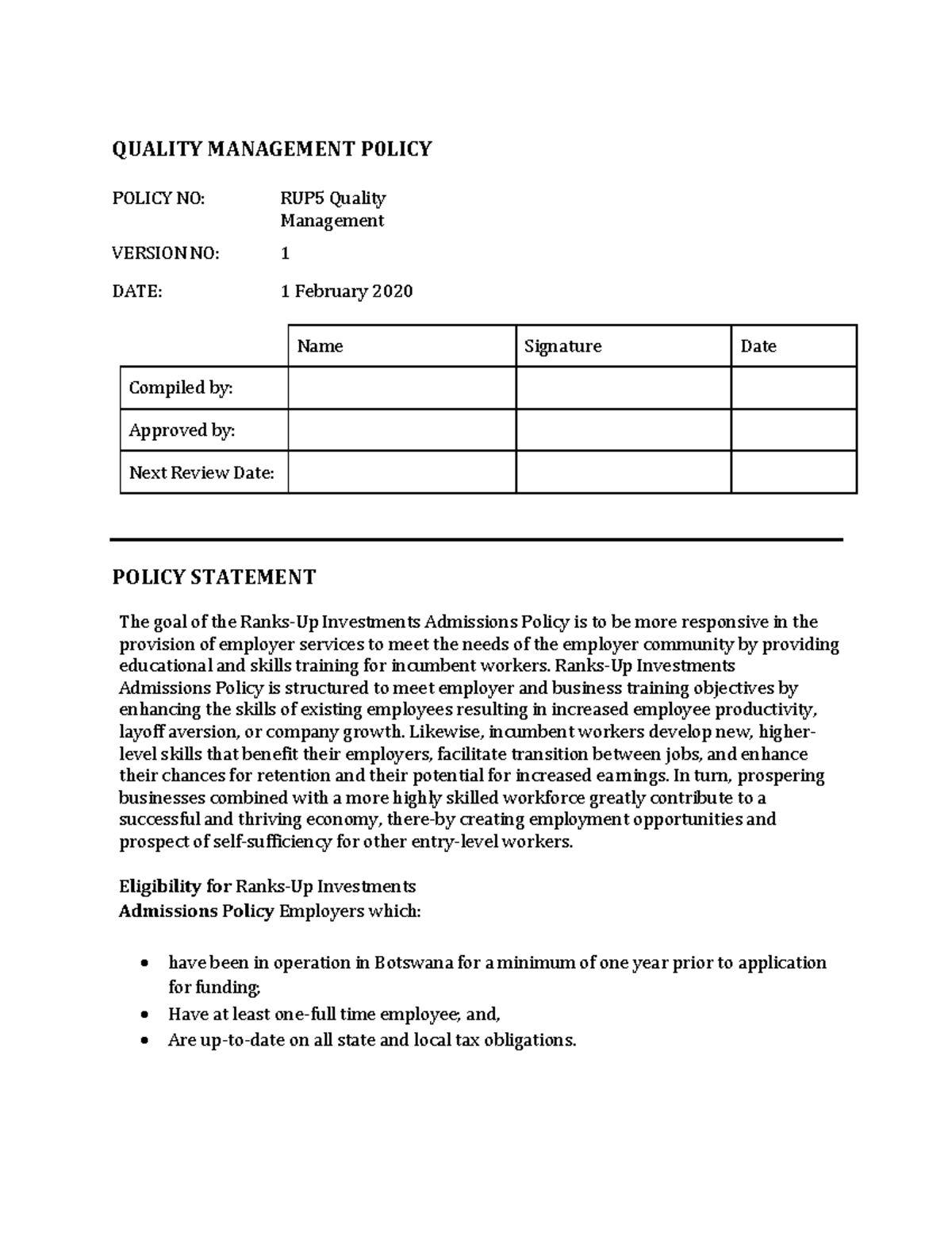 Quality Management Policy - Management Accounting Decision Control ...