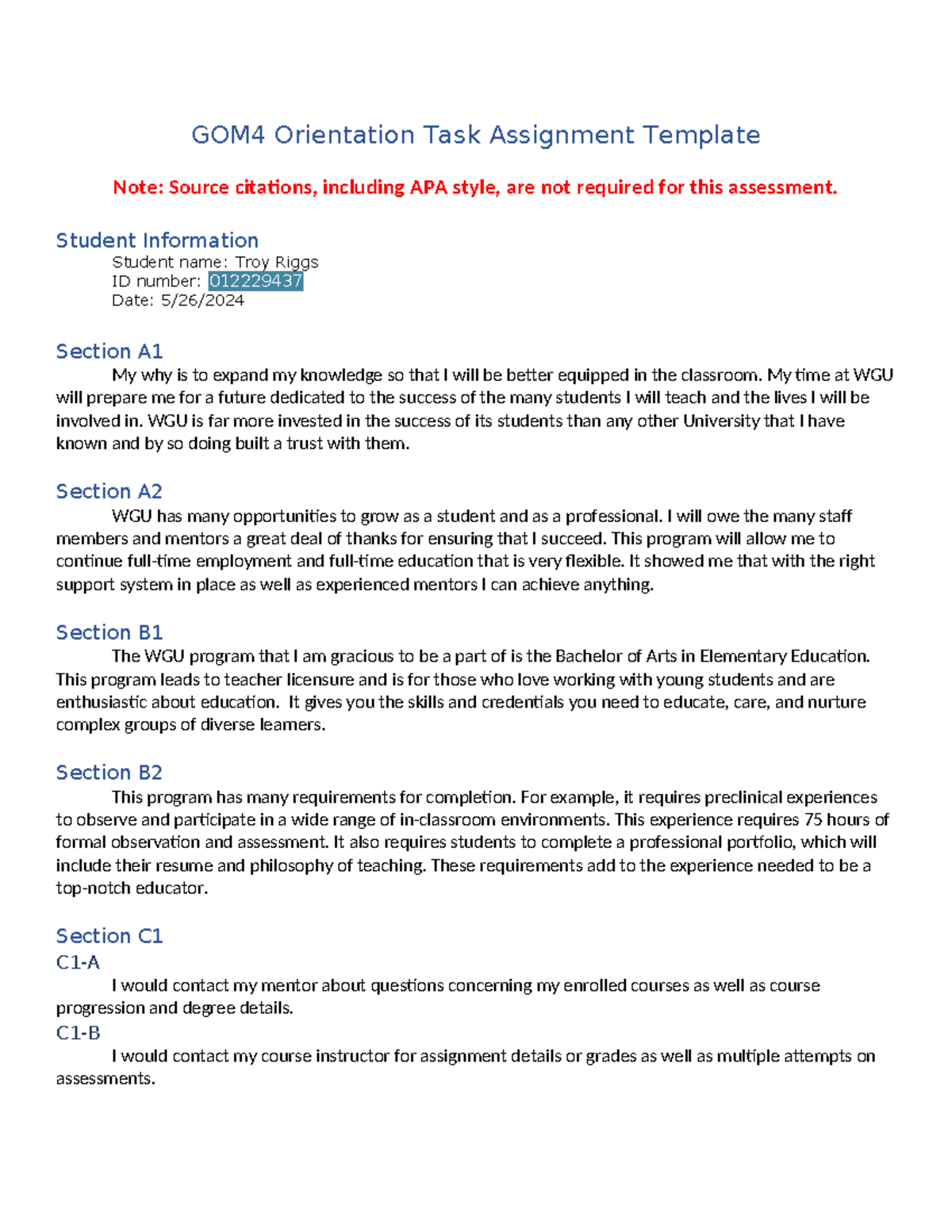 Troy Orientation Task - GOM4 Orientation Task Assignment Template Note: Source citations ...