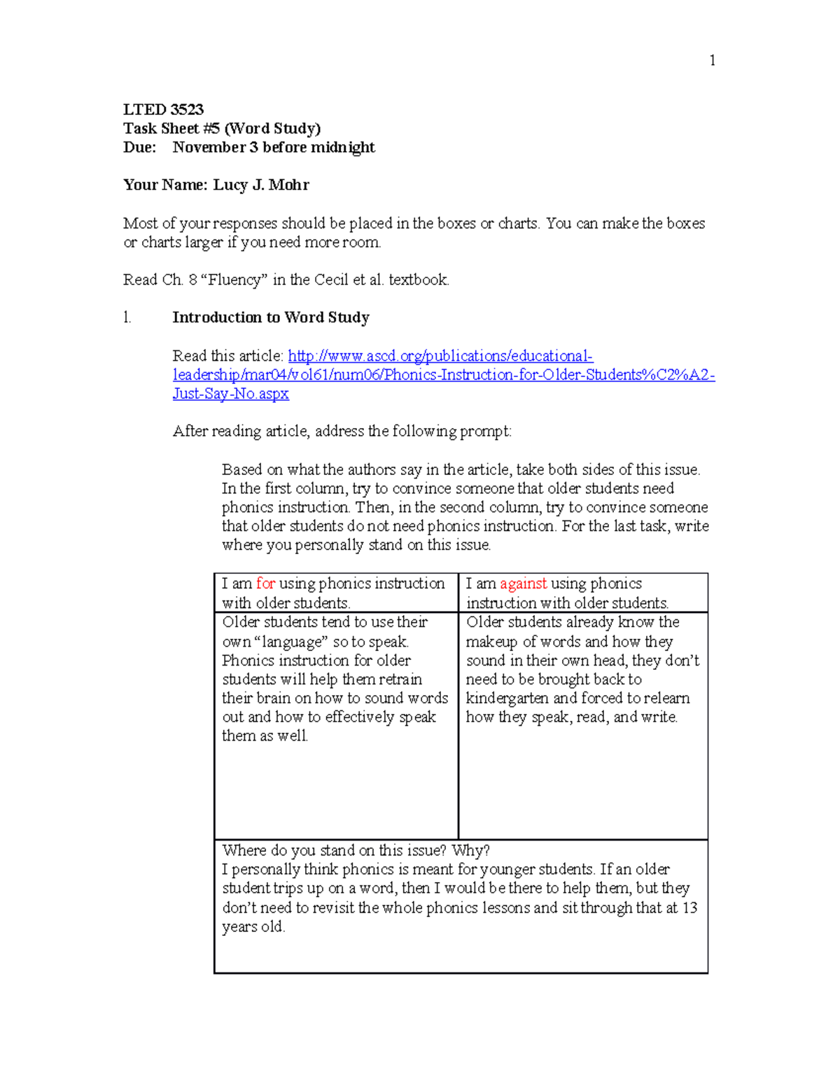 Task Sheet #5 (Word Study) rev - LTED 3523 Task Sheet #5 (Word Study ...