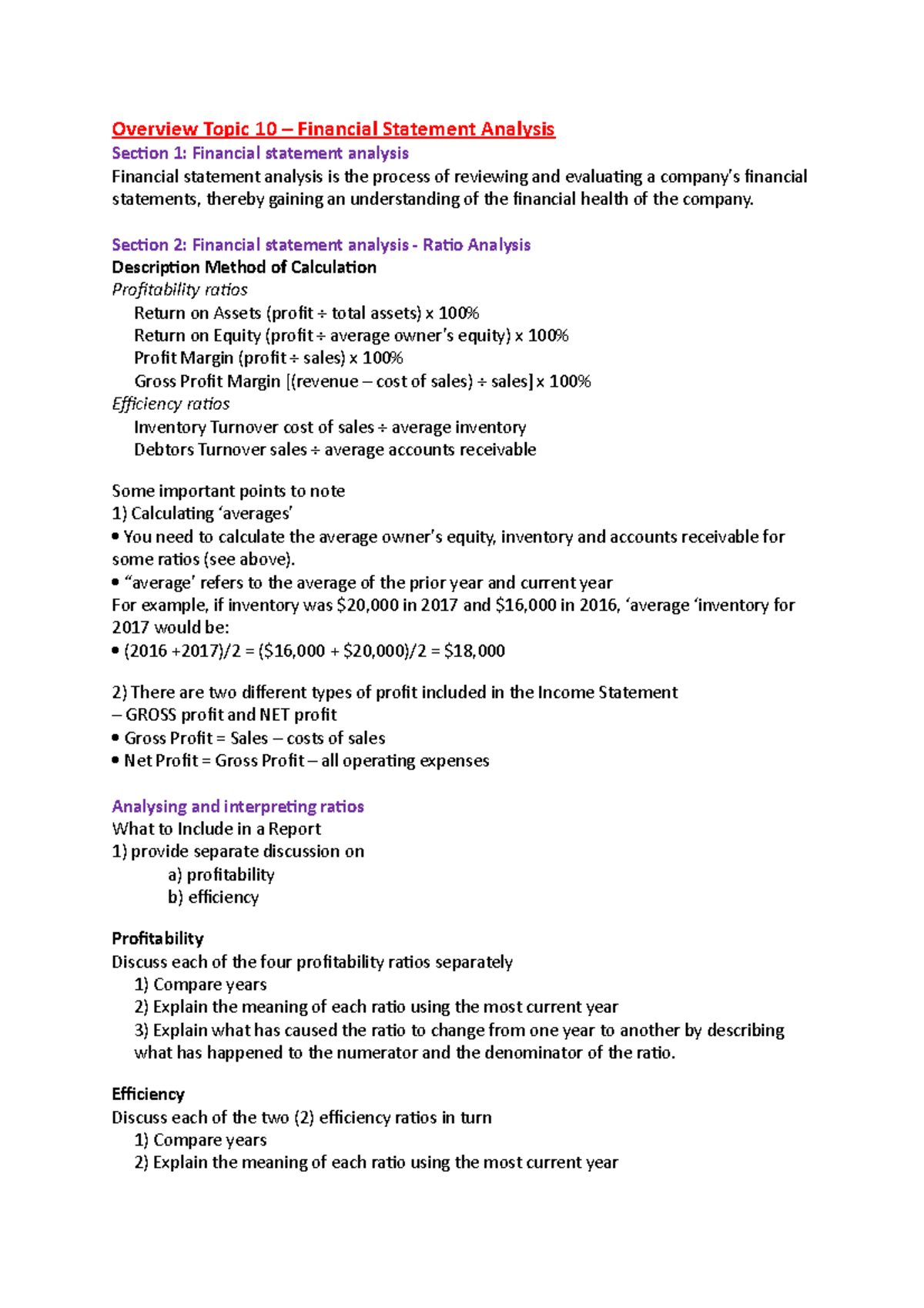 ACCT1046 Class notes - Week 10 - Overview Topic 10 – Financial ...