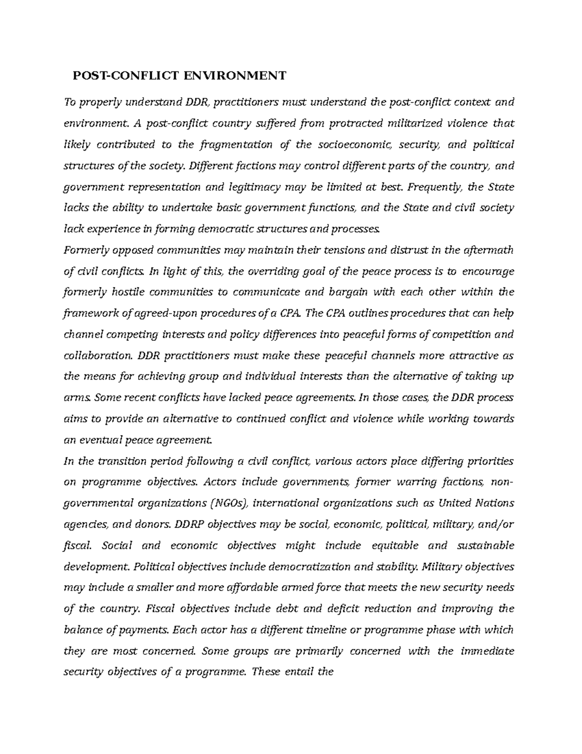 Post- Conflict Environment - POST-CONFLICT ENVIRONMENT To properly ...