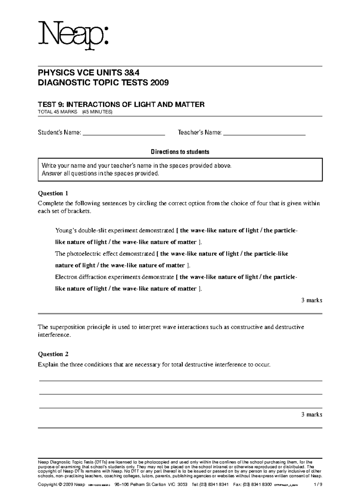 09 – Interactions of Light and Matter - PHYSICS VCE UNITS 3& DIAGNOSTIC ...