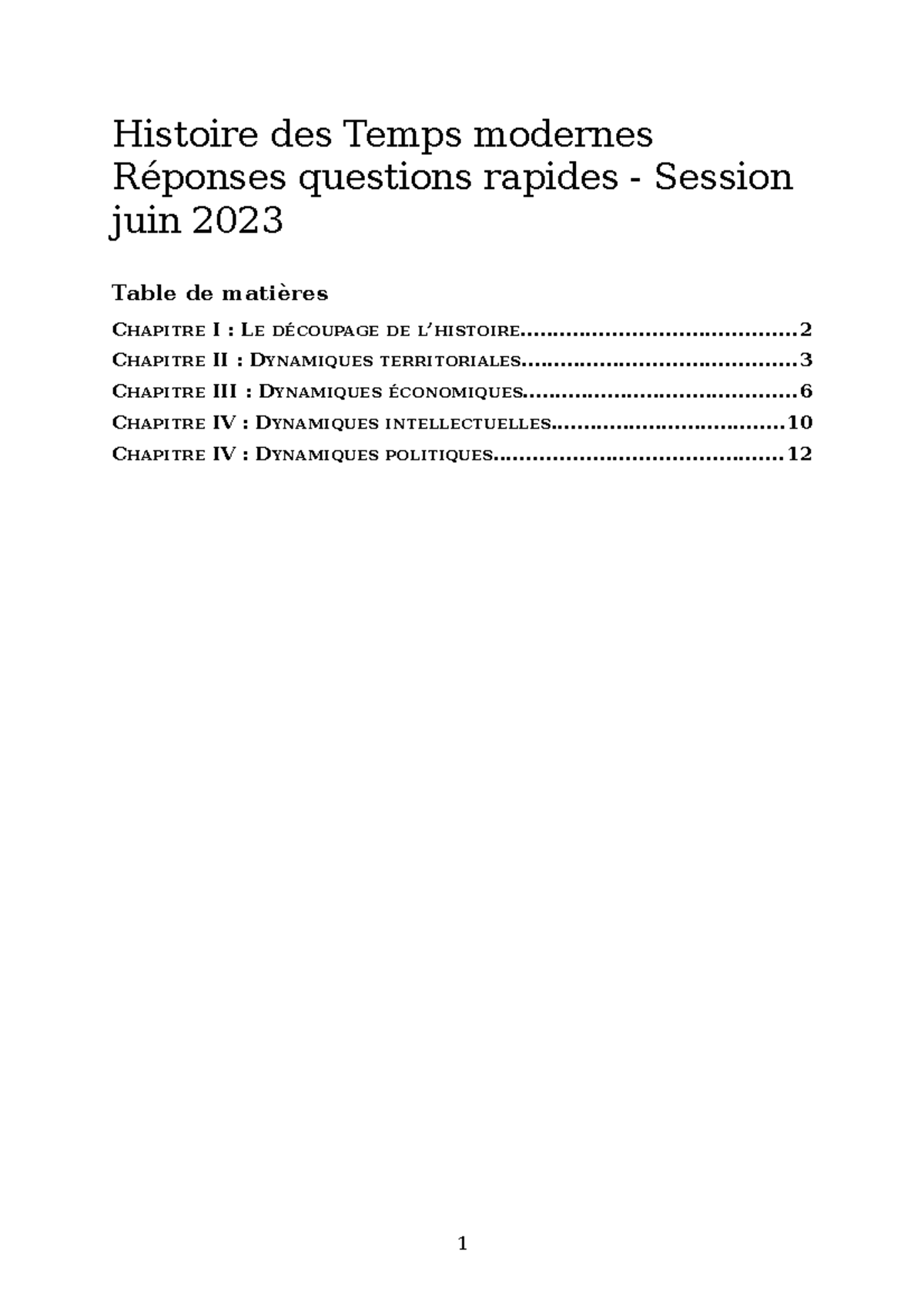 Réponses questions courtes - Histoire des Temps modernes Réponses ...