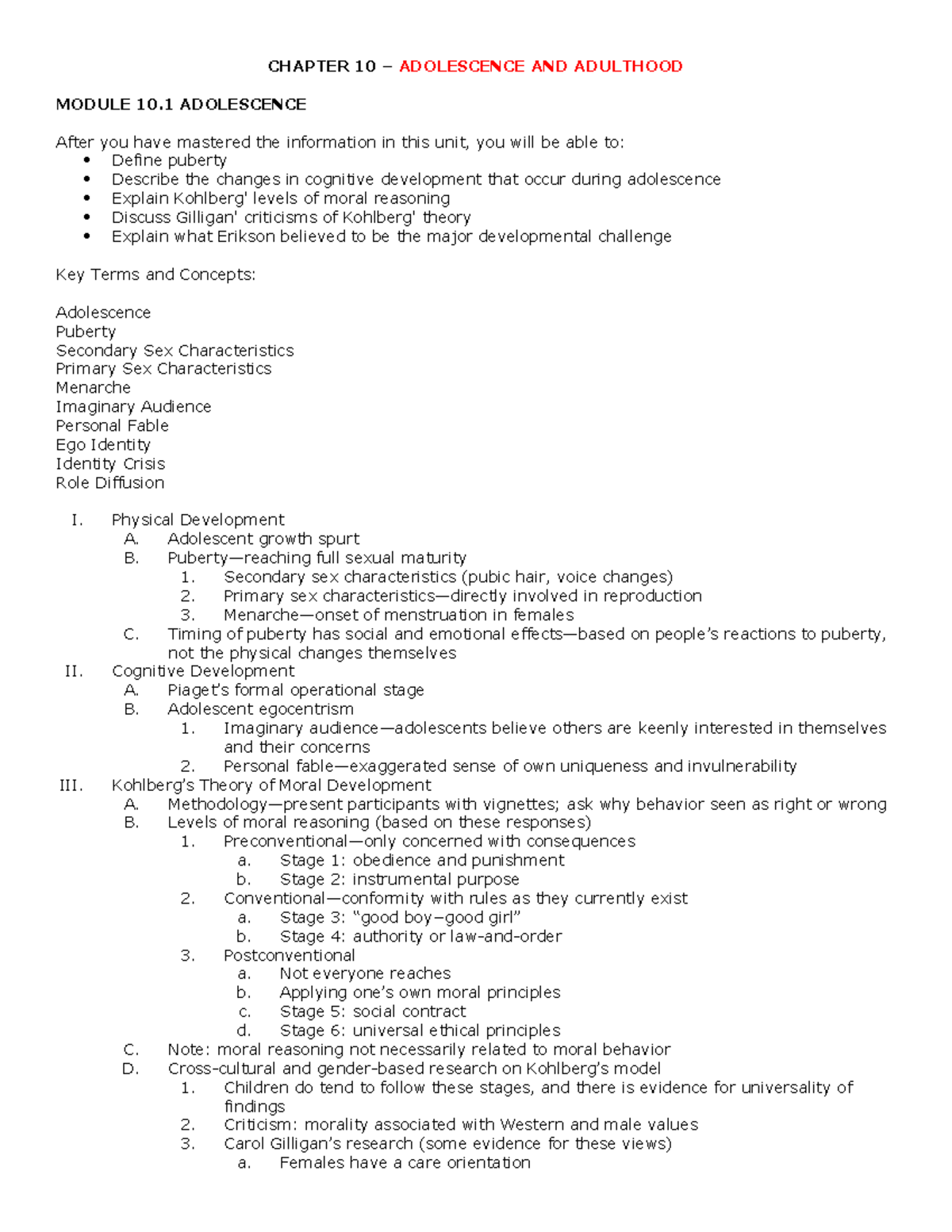 Ch10 Adolescence and Adulthood - CHAPTER 10 – ADOLESCENCE AND ADULTHOOD ...