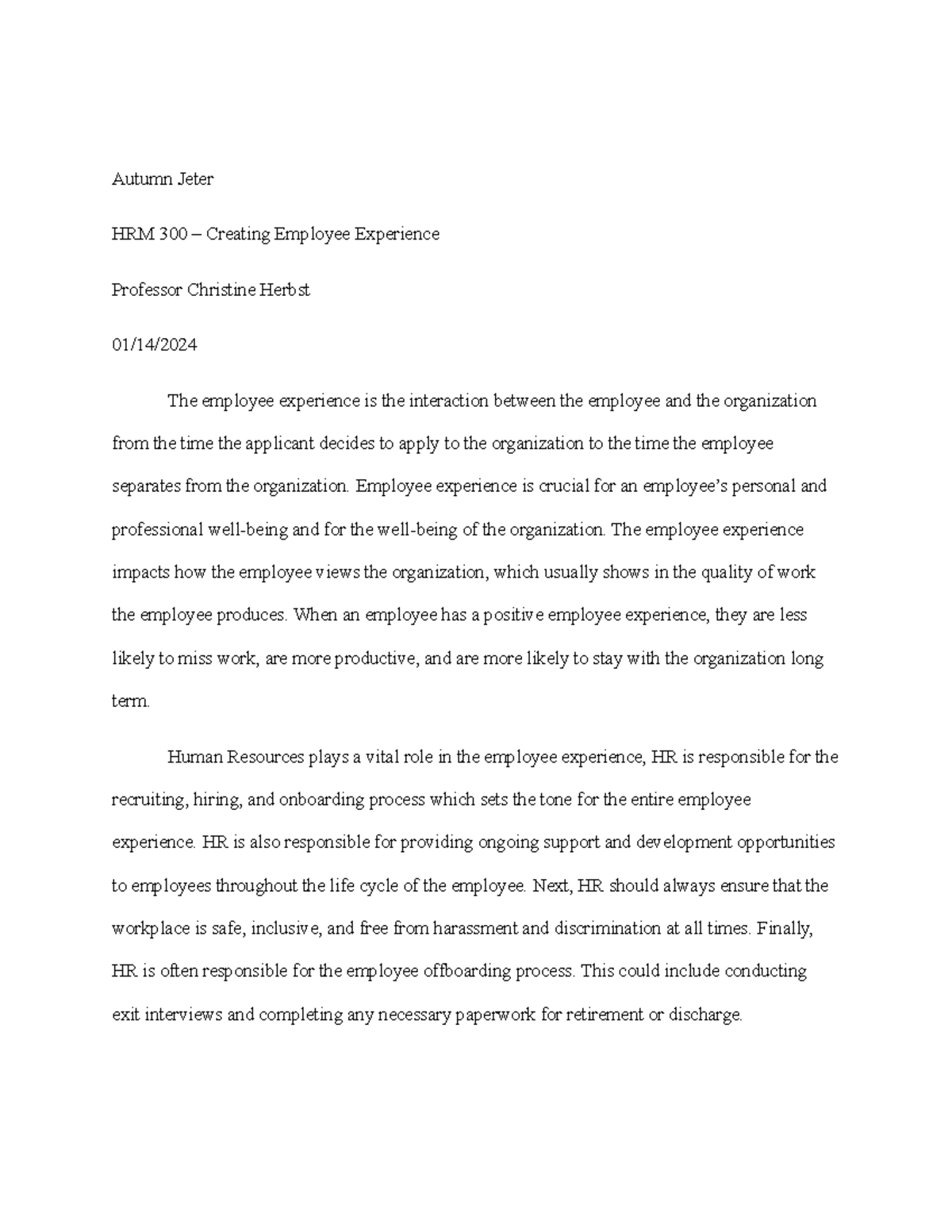1-3 HR Learning Journal - Autumn Jeter HRM 300 – Creating Employee ...
