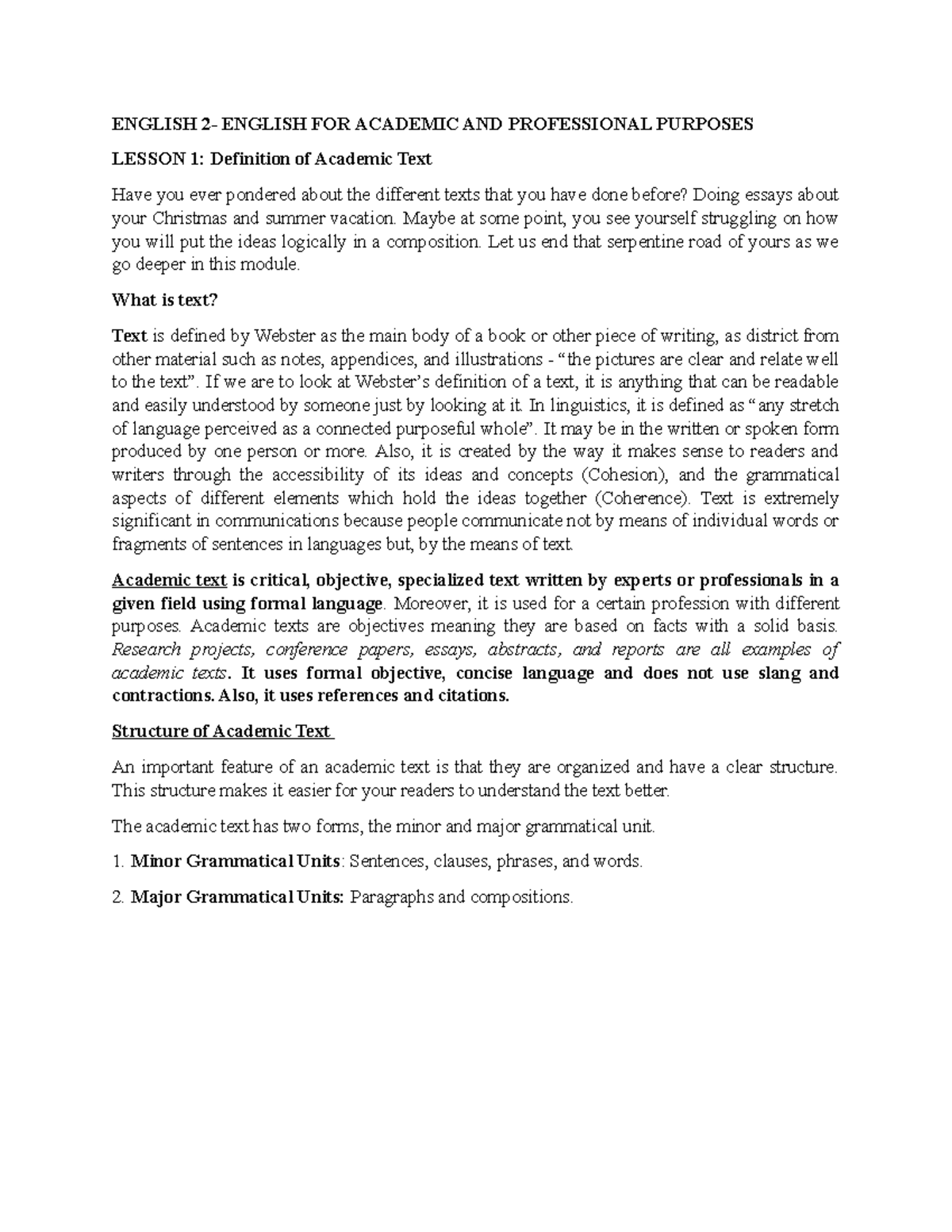 English 2 Lesson 1 - ENGLISH 2- ENGLISH FOR ACADEMIC AND PROFESSIONAL ...