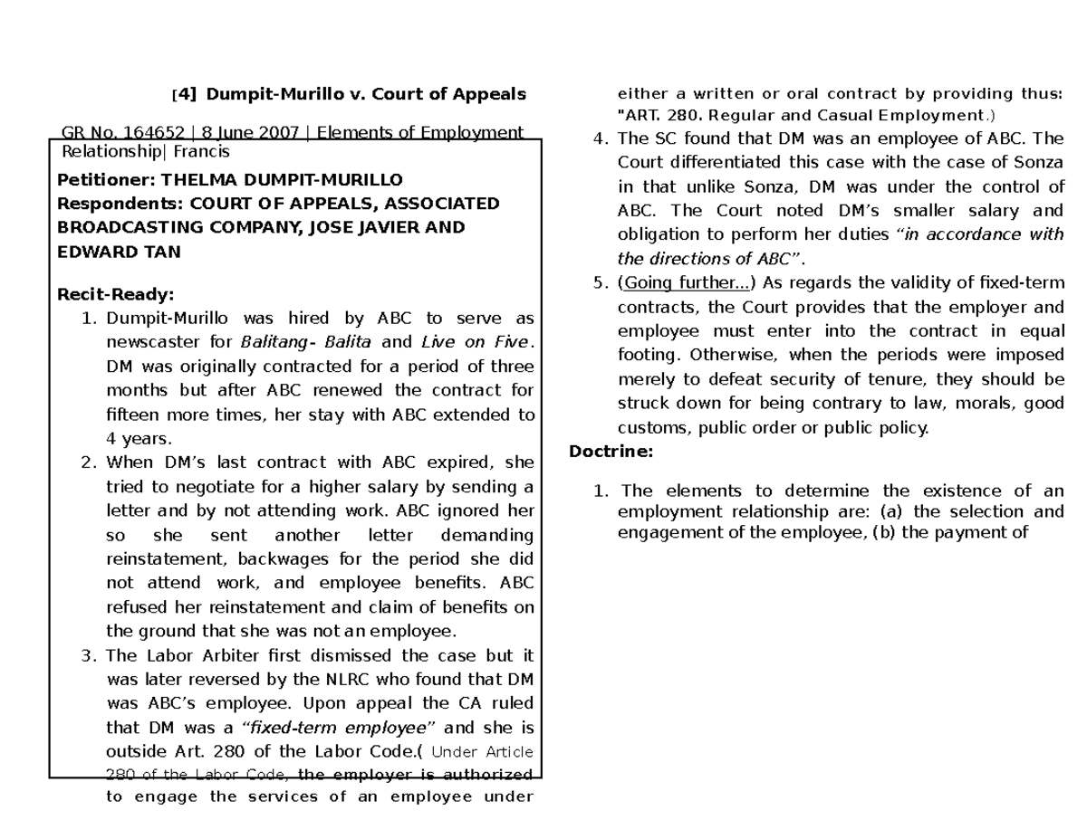 Dumpit Vs. Morrilo - ecture for labor i do not own everything just to ...