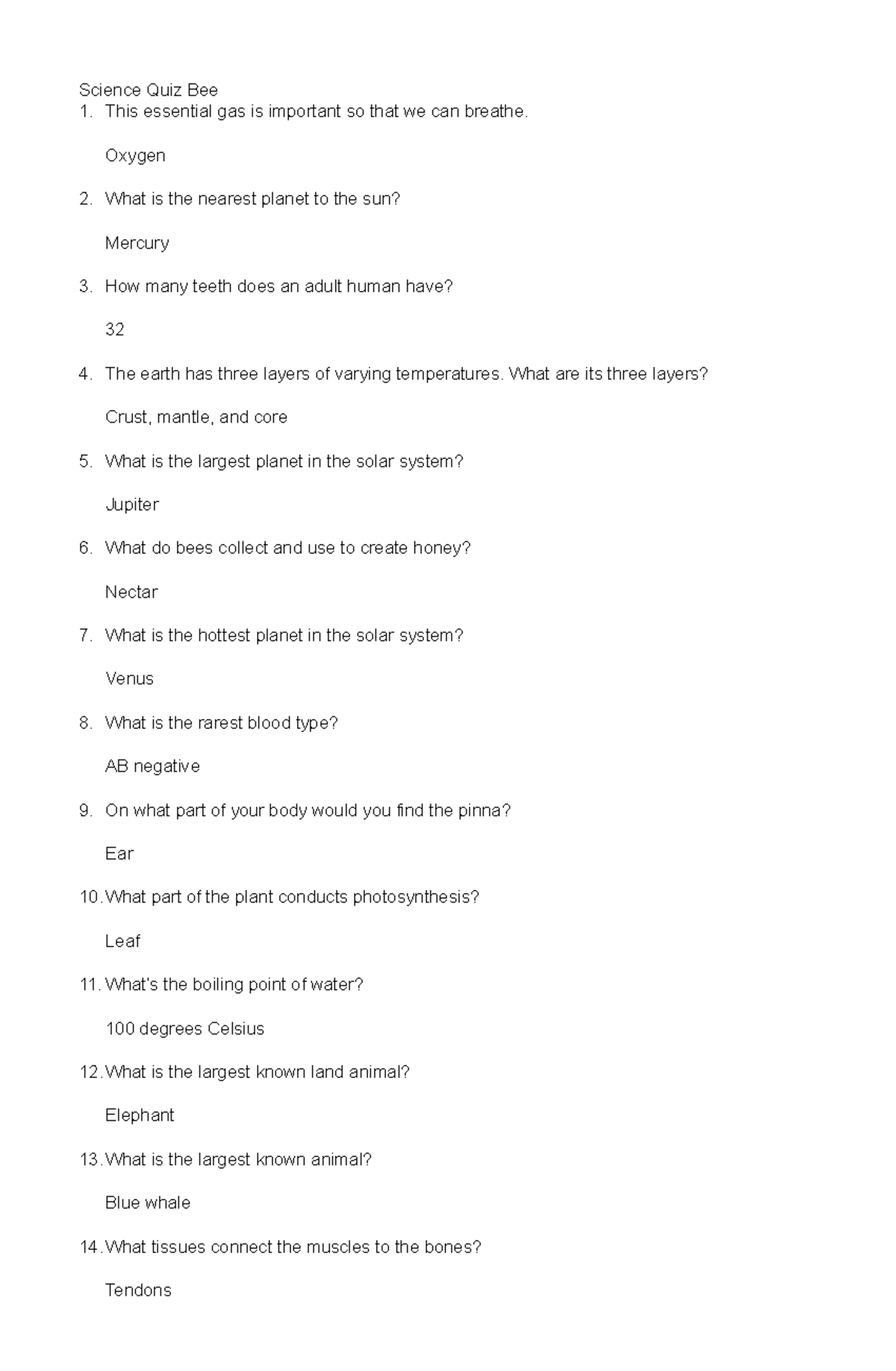 Science Quiz Bee - QUIZ BEE QUESTIONNAIRE - Science Quiz Bee This ...