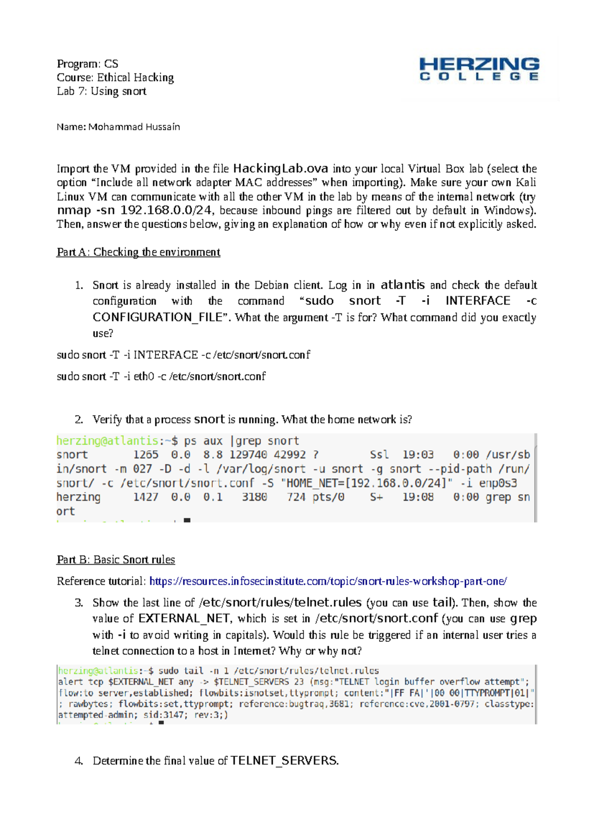 Lab 7 Using Snort Lab Course Ethical Hacking Lab 7 Using Snort