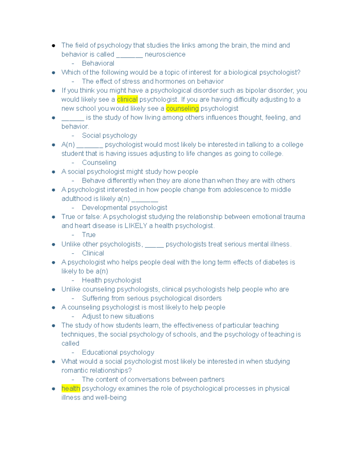 Psych ch.1 h.w. notes - The field of psychology that studies the links ...