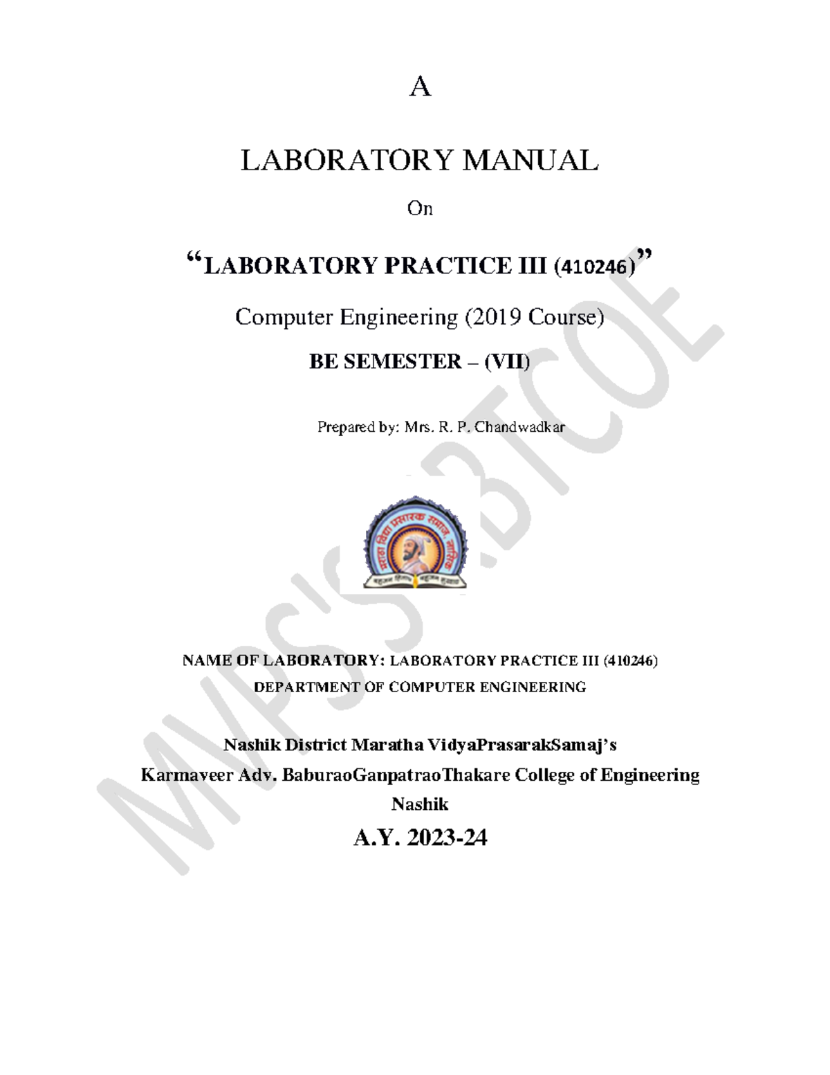 BE LP-III BT Lab Manual 2023-24 - A LABORATORY MANUAL On “LABORATORY ...