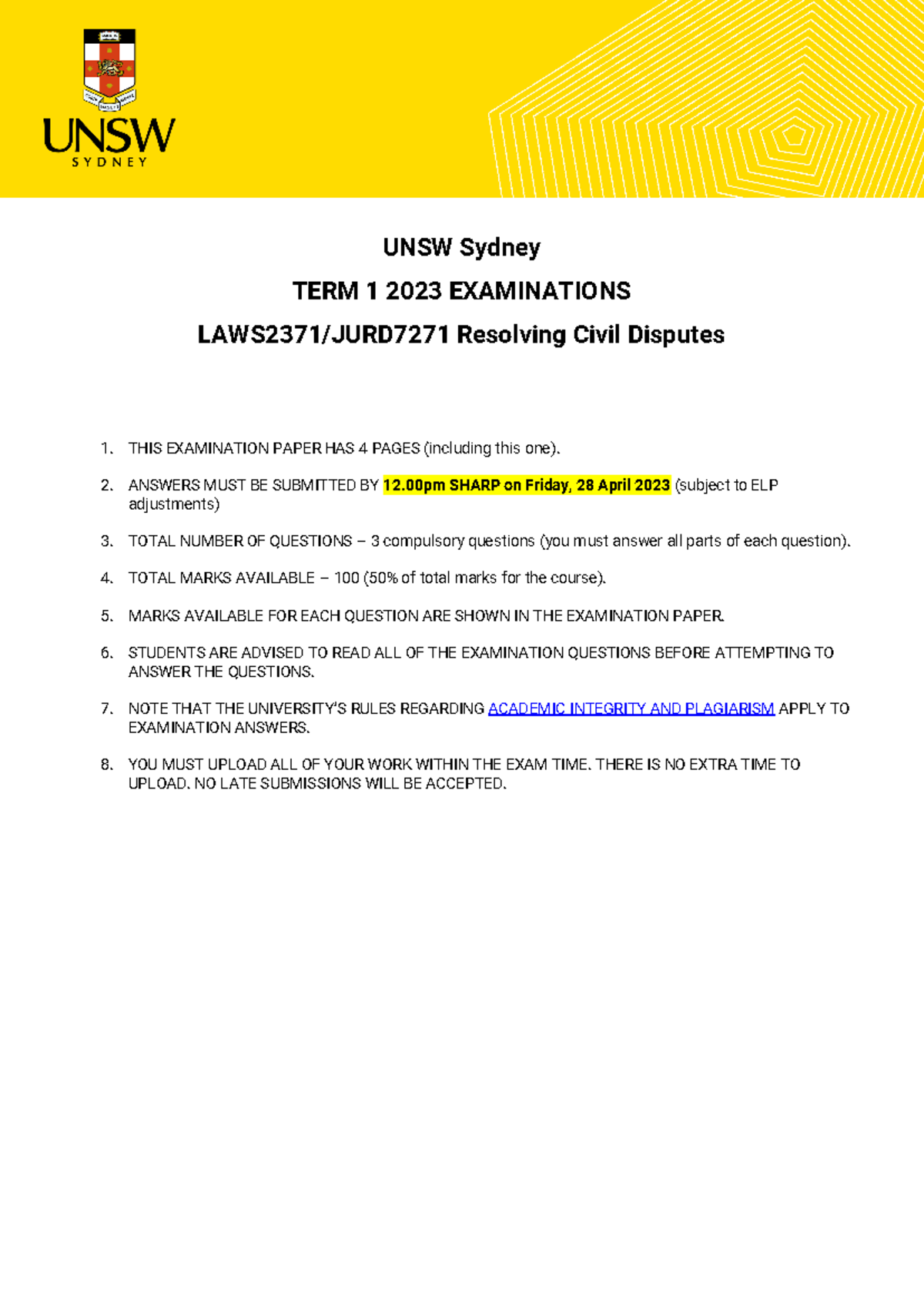 Resolving Civil Disputes Final Exam Paper T1 2023 - UNSW Sydney TERM 1 ...