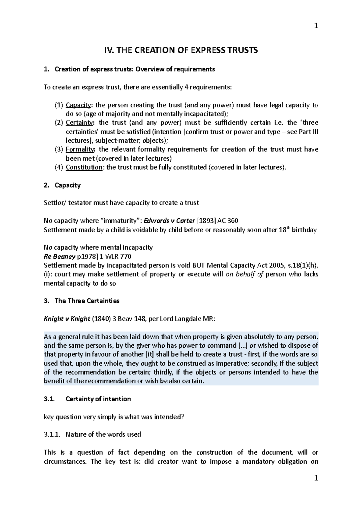 IV. Certainty OF Intention Handout - IV. THE CREATION OF EXPRESS TRUSTS Creation of express ...