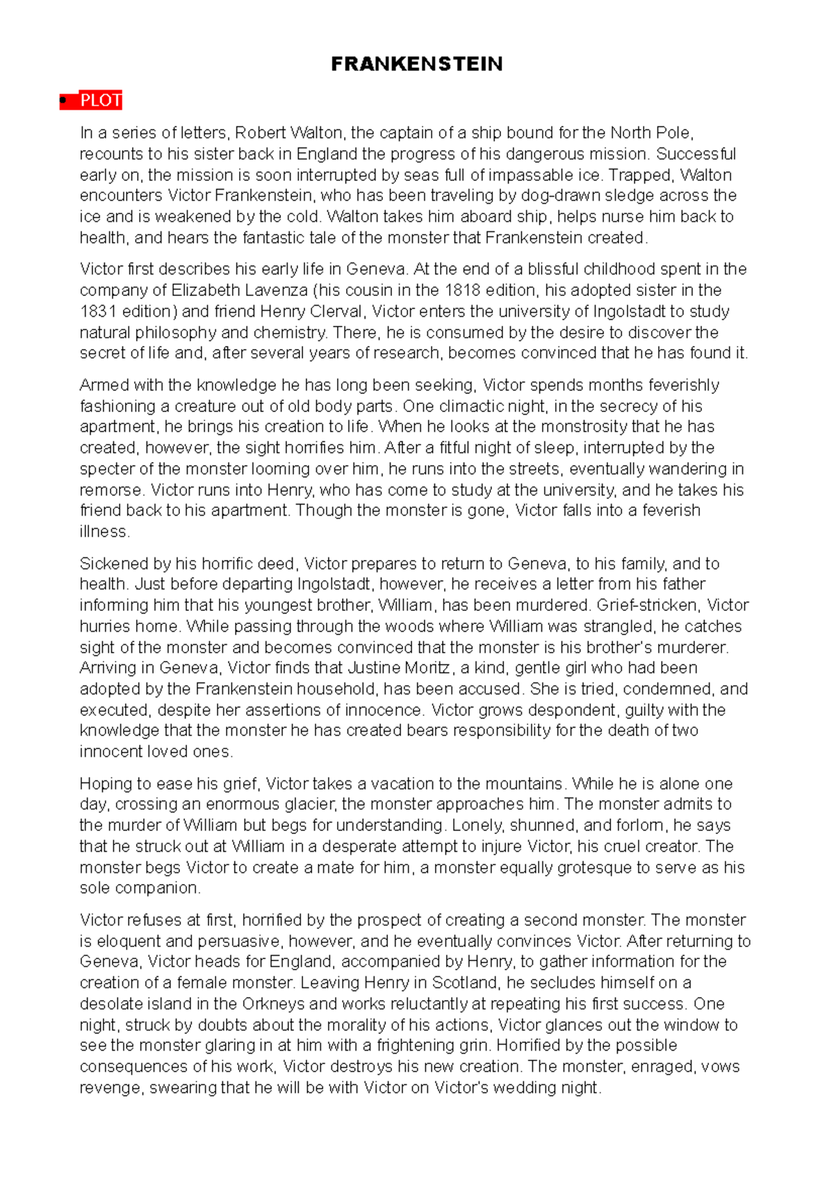 Frankenstein - FRANKENSTEIN PLOT In a series of letters, Robert Walton ...
