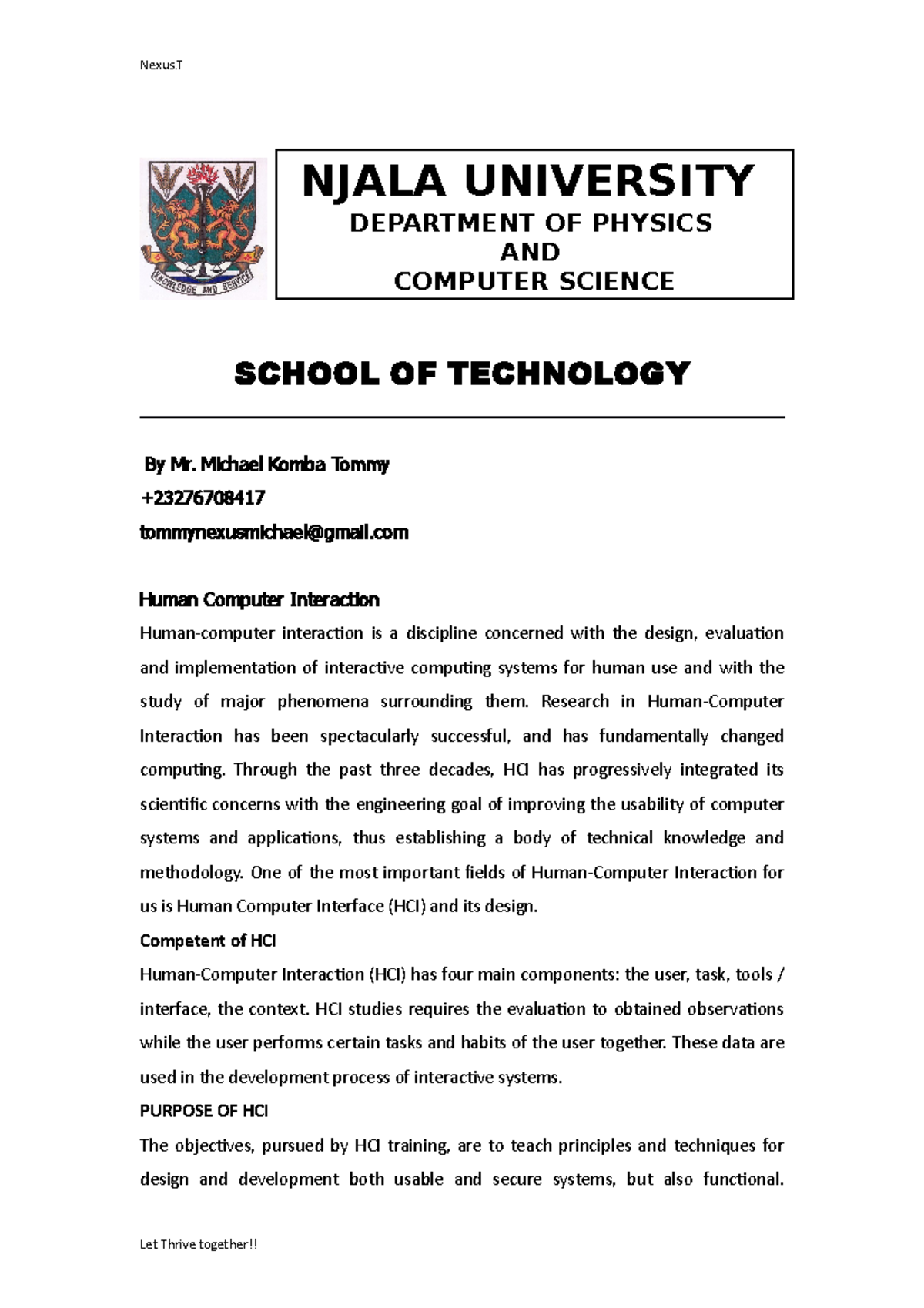 HCI MR Tommy - Brief description about the course - SCHOOL OF ...
