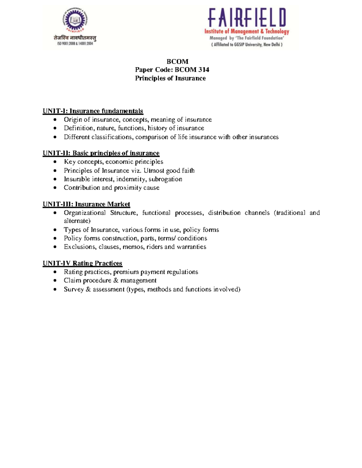 Bcom314 - it is useful for all - BCOM Paper Code: BCOM 314 Principles of Insurance UNIT-I ...