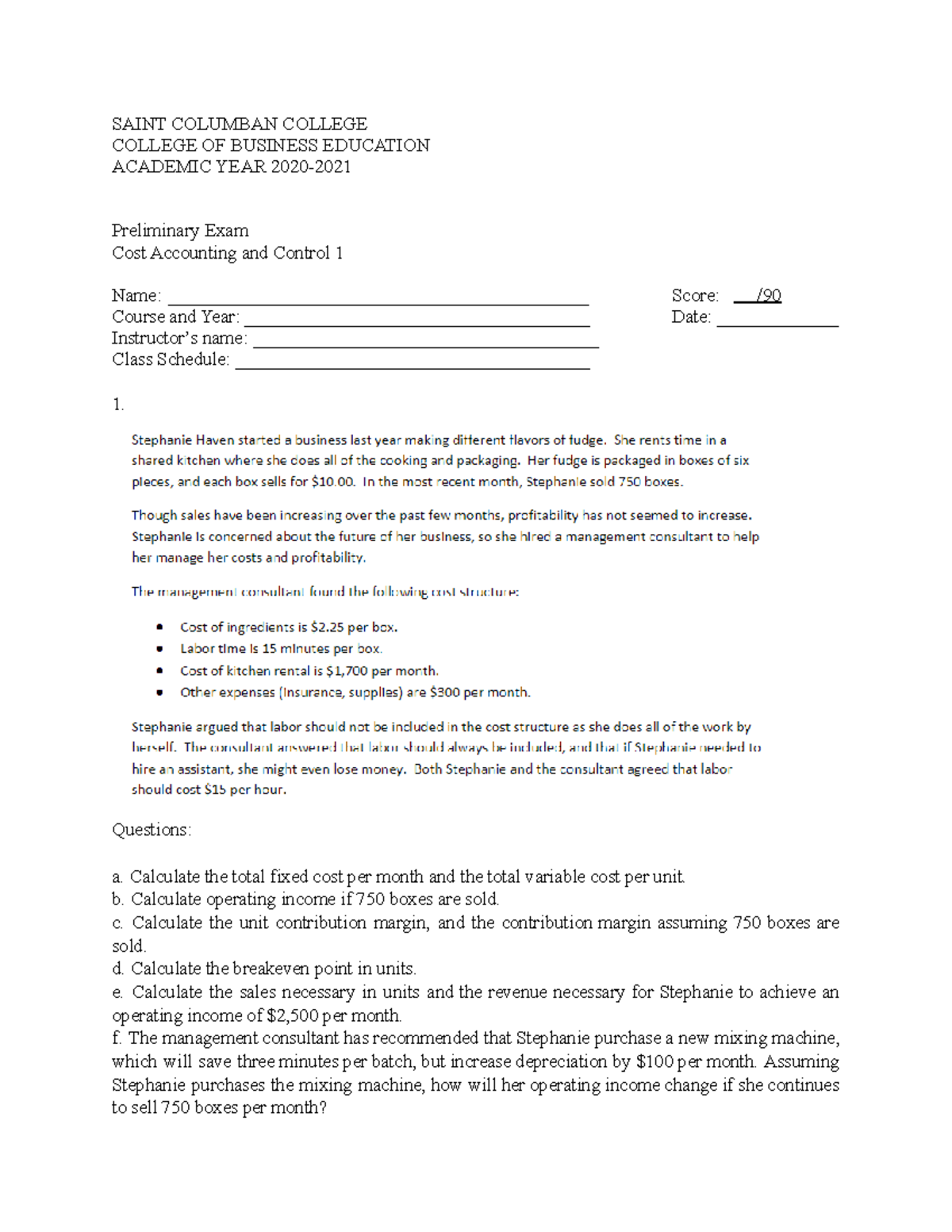 CAC 1 - Preliminary Exam - SAINT COLUMBAN COLLEGE COLLEGE OF BUSINESS ...