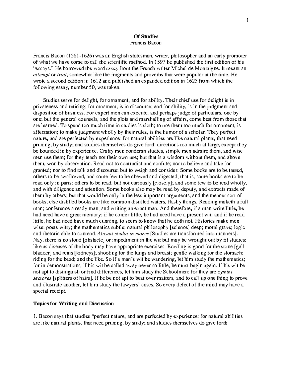 Bacon ofstudies - 1 Of Studies Francis Bacon Francis Bacon (1561-1626 ...