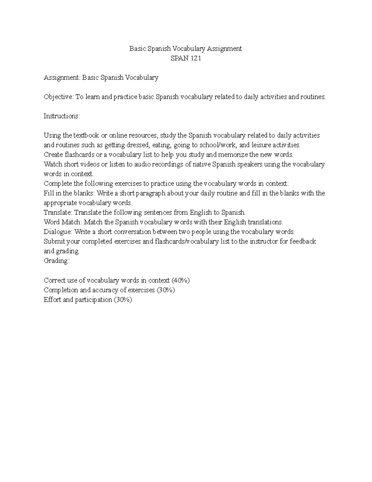 Basic Spanish Vocabulary Assignment Instructions Using The Textbook