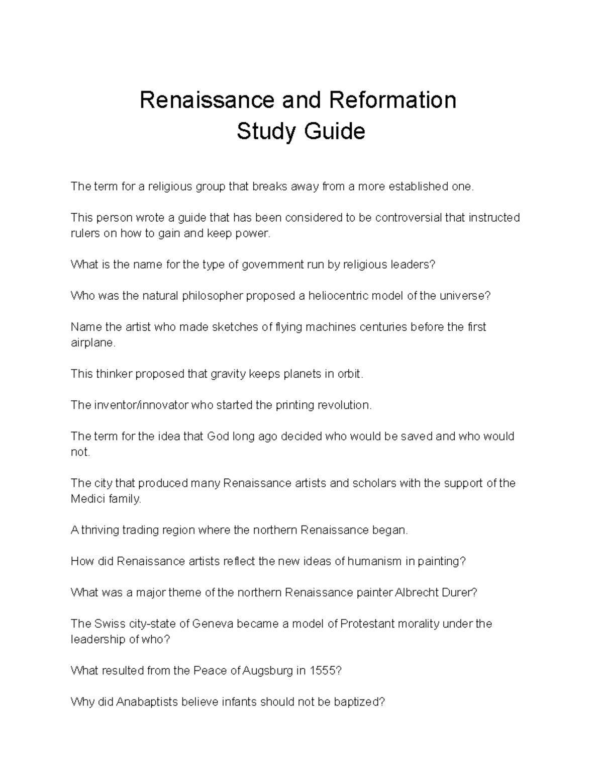 Renaissance and Reformation Study Guide - Renaissance and Reformation ...