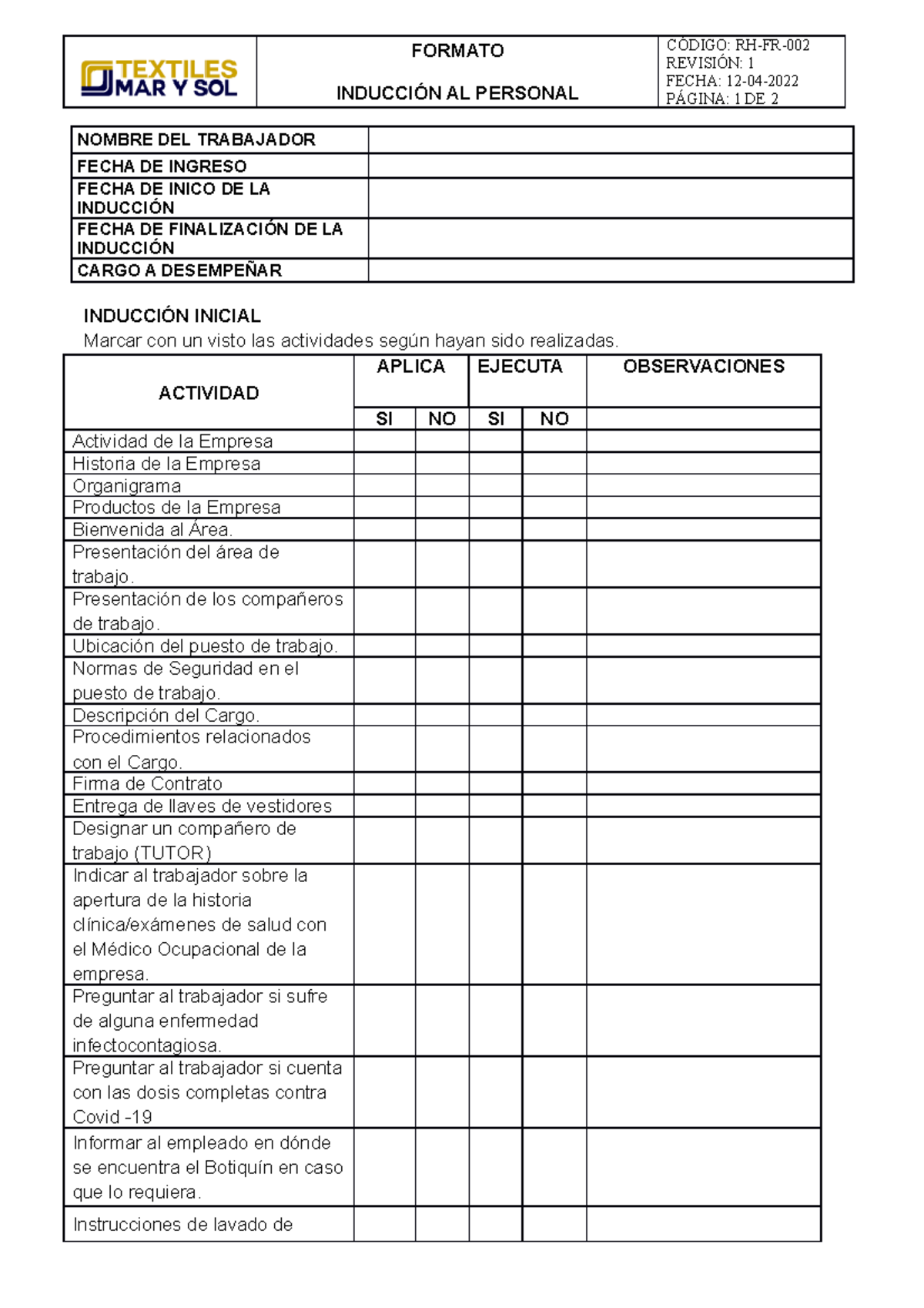 RH-FR-002 Inducción Nuevo Personal - FORMATO INDUCCIÓN AL PERSONAL ...