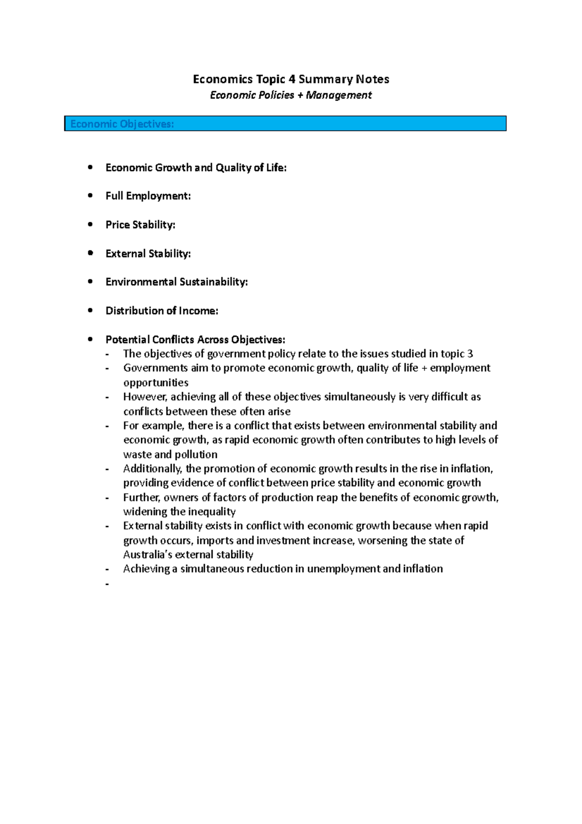 Economics Topic 4 Summary Notes - Economics Topic 4 Summary Notes ...