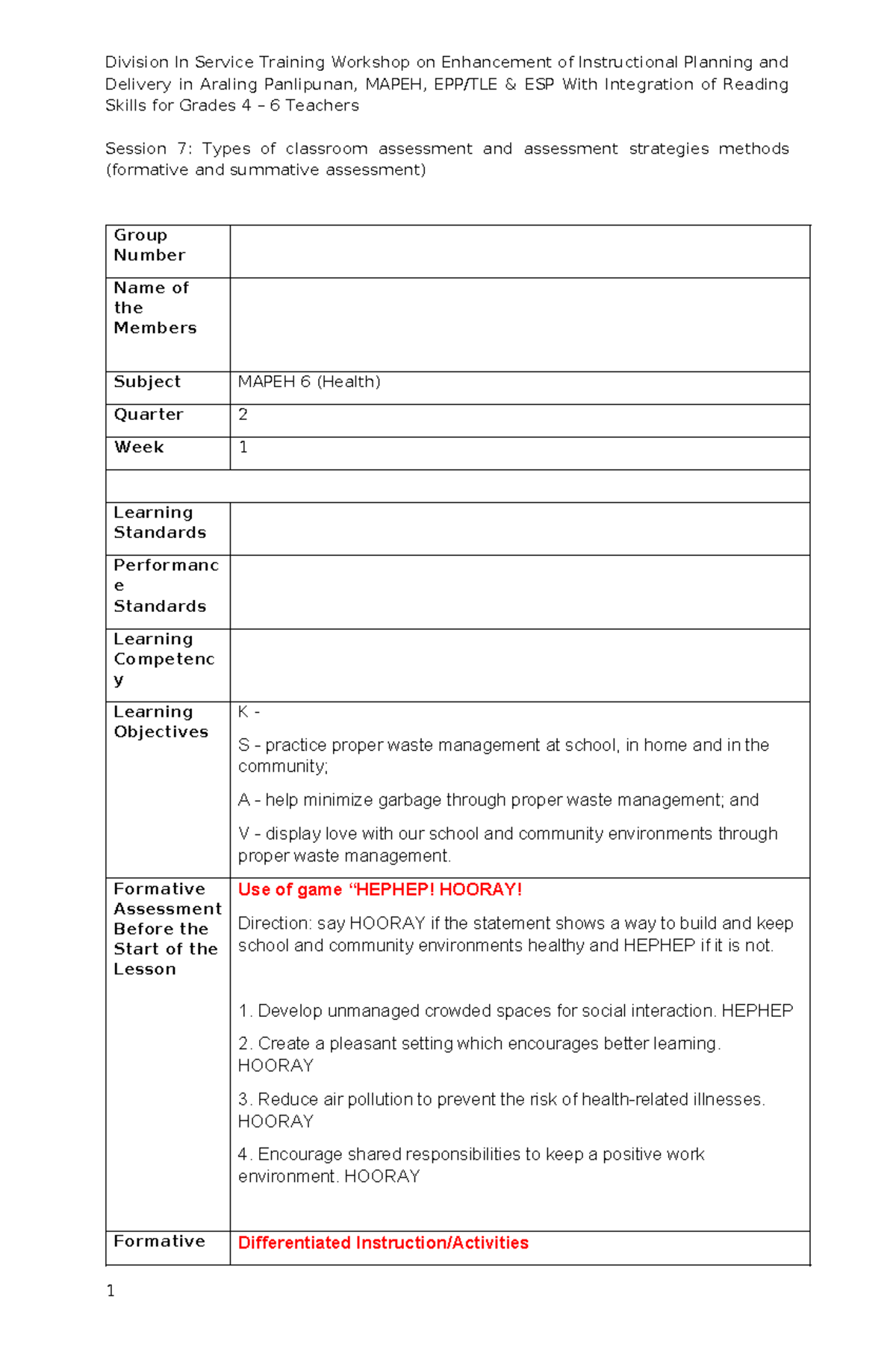 Activity Sheets for Workshop - Division In Service Training Workshop on ...