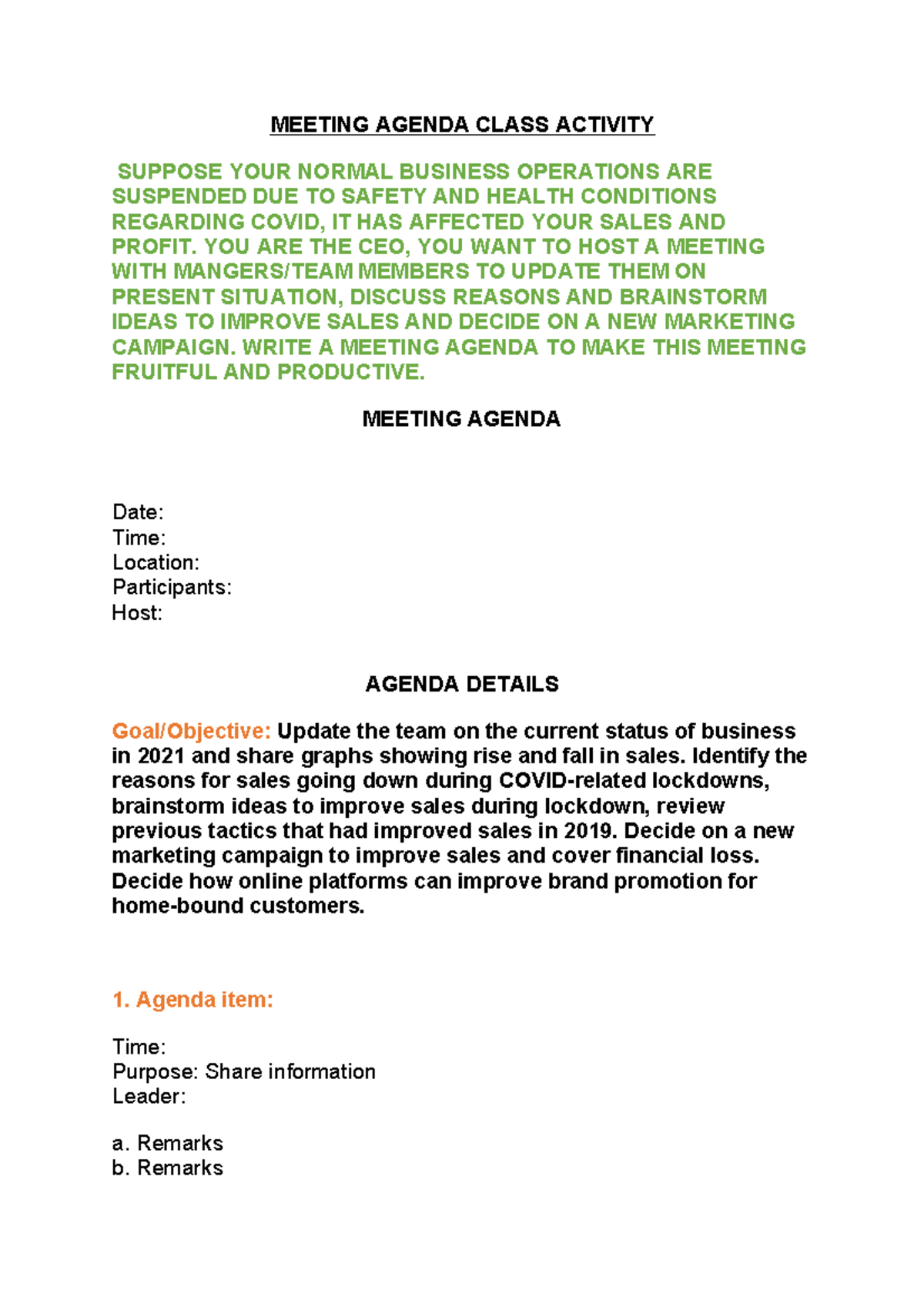 Writing meeting agenda - MEETING AGENDA CLASS ACTIVITY SUPPOSE YOUR ...
