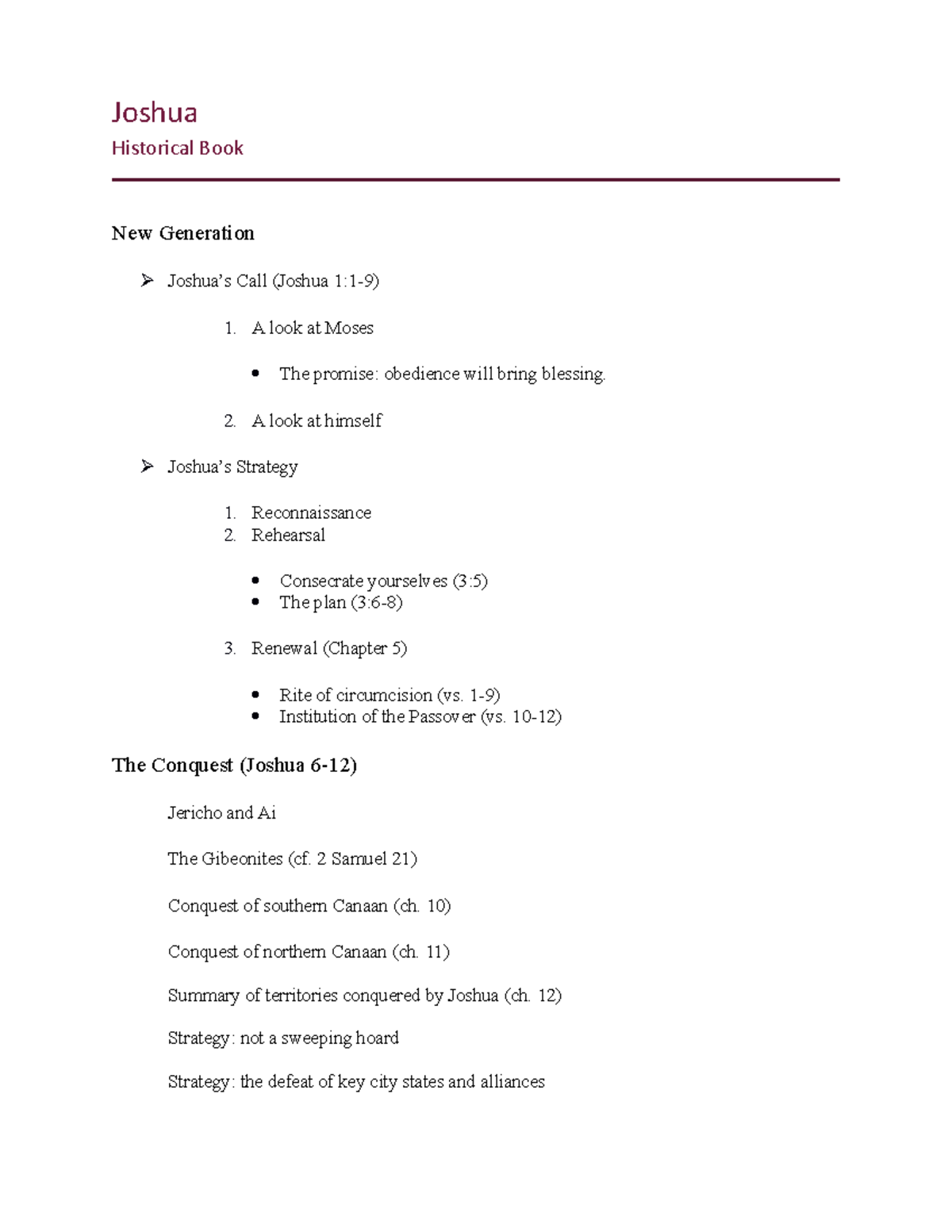 Joshua Class Notes - Joshua Historical Book New Generation Joshua’s ...