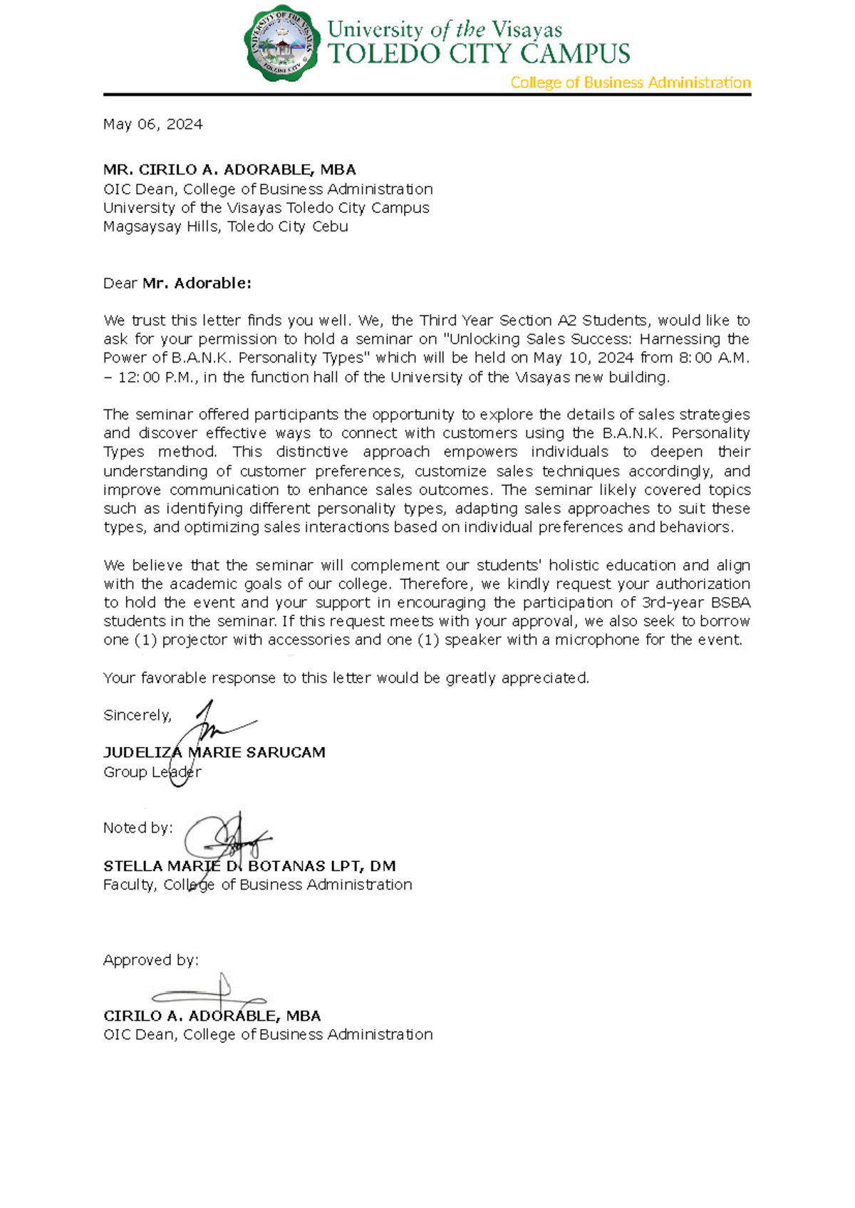 Letter to DEAN - College of Business Administration May 06, 2024 MR ...