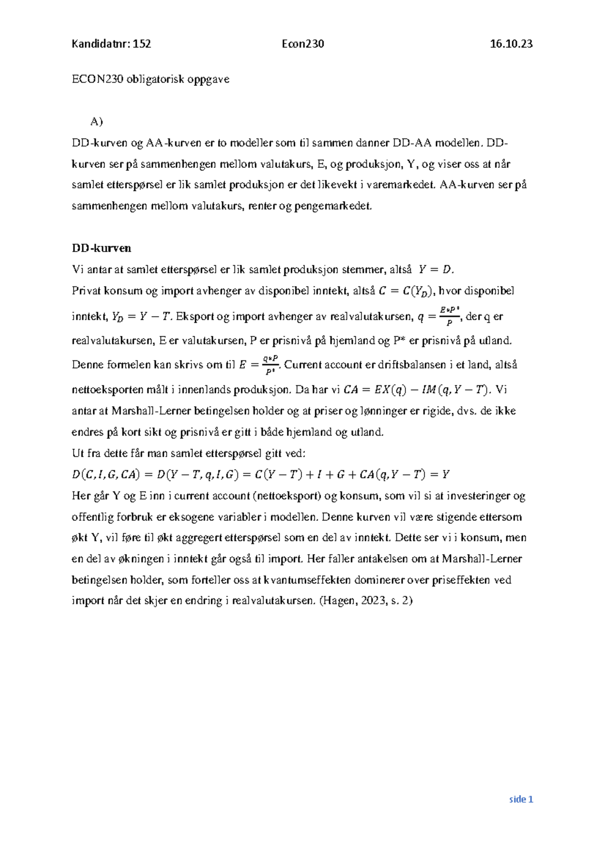ECON230 oblig - AA-DD - ECON230 obligatorisk oppgave A) DD-kurven og AA ...