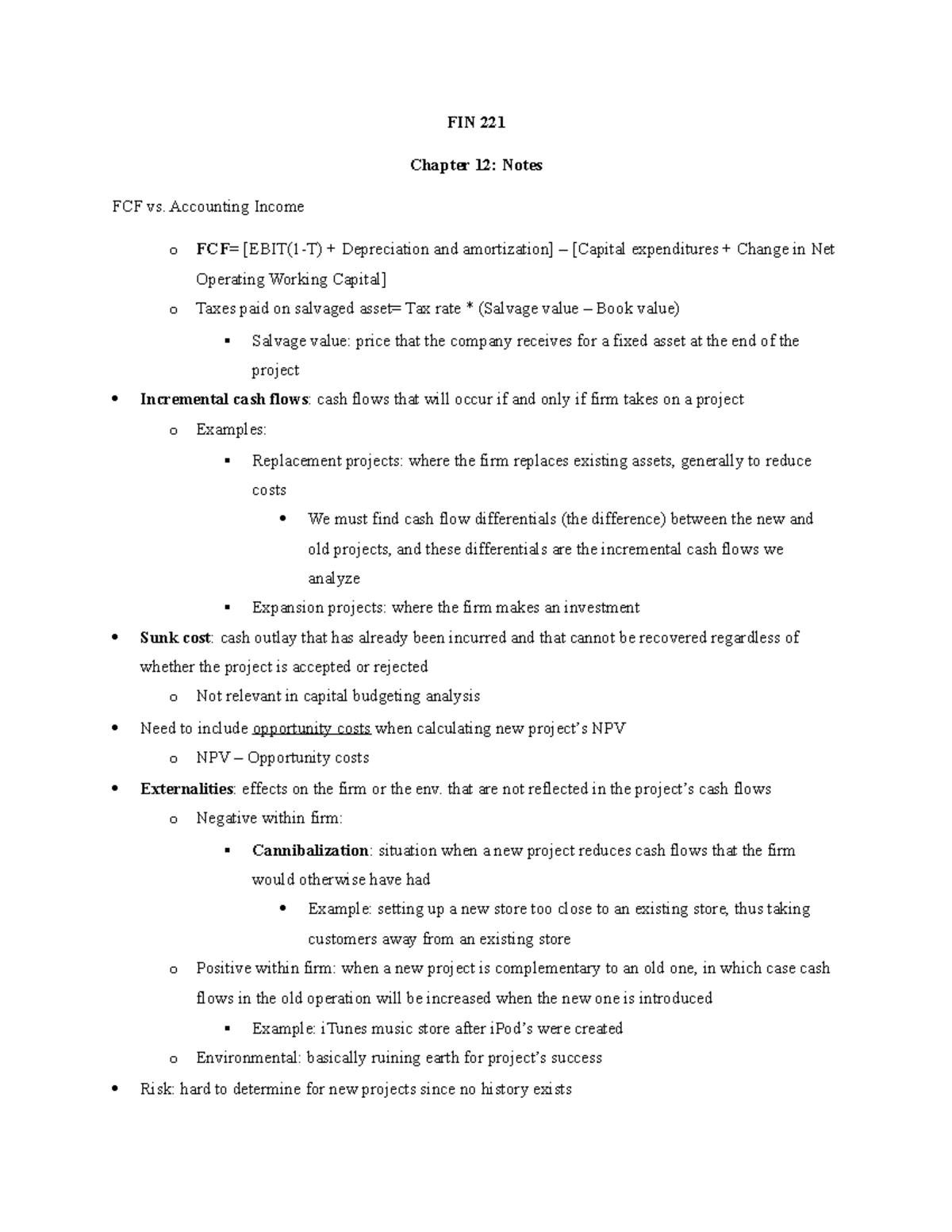 FIN 221 Chapter 12 - Lecture notes 12 - FIN 221 Chapter 12: Notes FCF ...