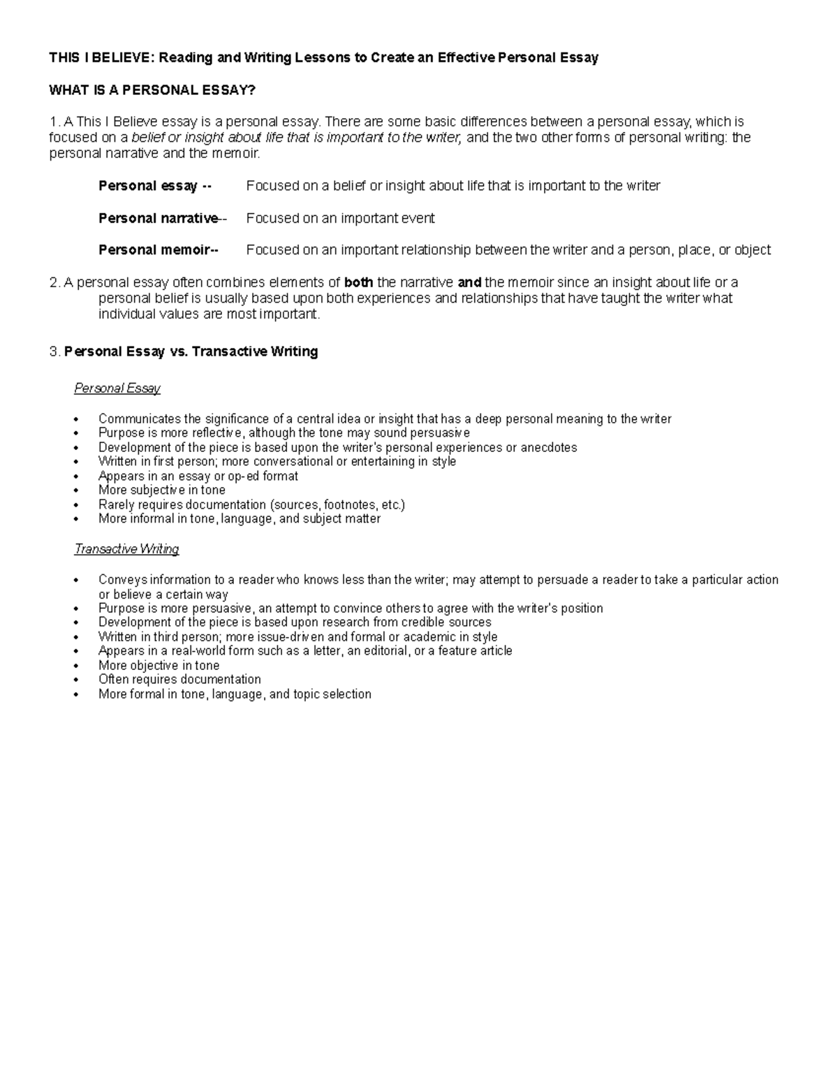 Belief Statements (In-Class Exercise) - THIS I BELIEVE: Reading and ...