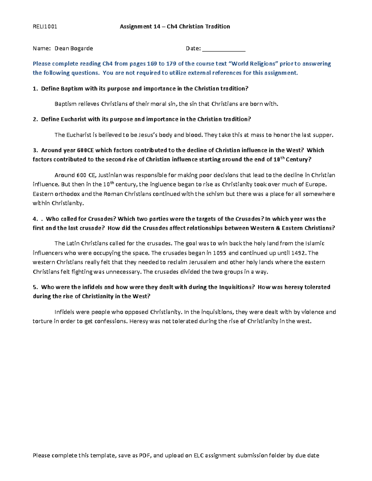 Assignment 14 Template Ch4 5Qs - RELI1001 Assignment 14 – Ch4 Christian ...