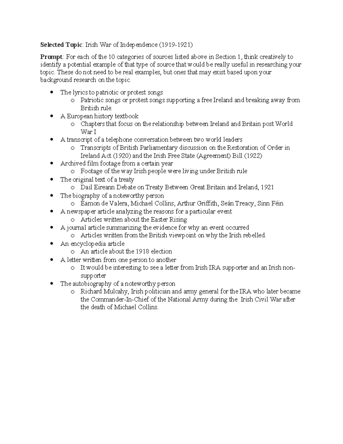 HIS 220 Module 1 Journal - Selected Topic: Irish War of Independence ...