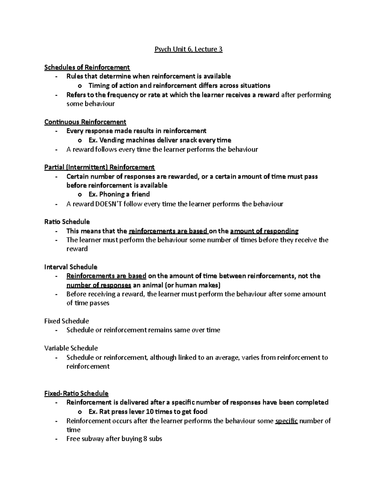 Psych Unit 6 Lecture 3 - Psych Unit 6, Lecture 3 Schedules of ...