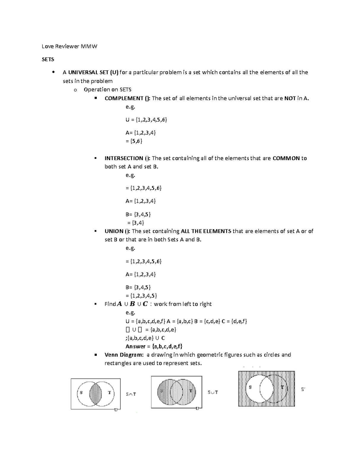 Love Reviewer MMW - MMW sets - Love Reviewer MMW SETS A UNIVERSAL SET (U) for a particular ...