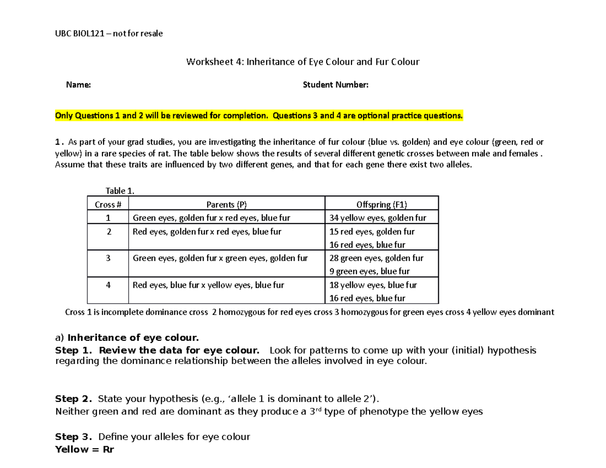 Worksheet #4 - Inheritance of Traits Eye Colour and Fur Colour ...